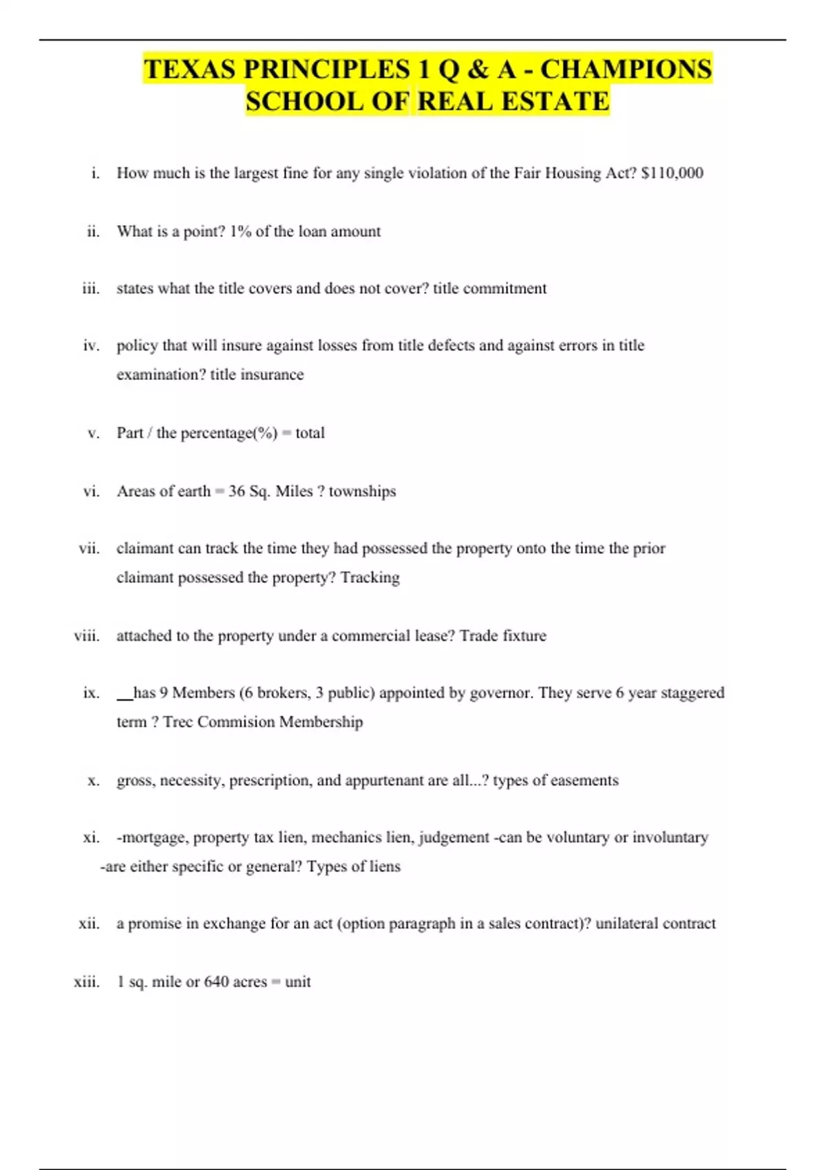 TEXAS PRINCIPLES 1 Q & A CHAMPIONS SCHOOL OF REAL ESTATE - TEXAS ...