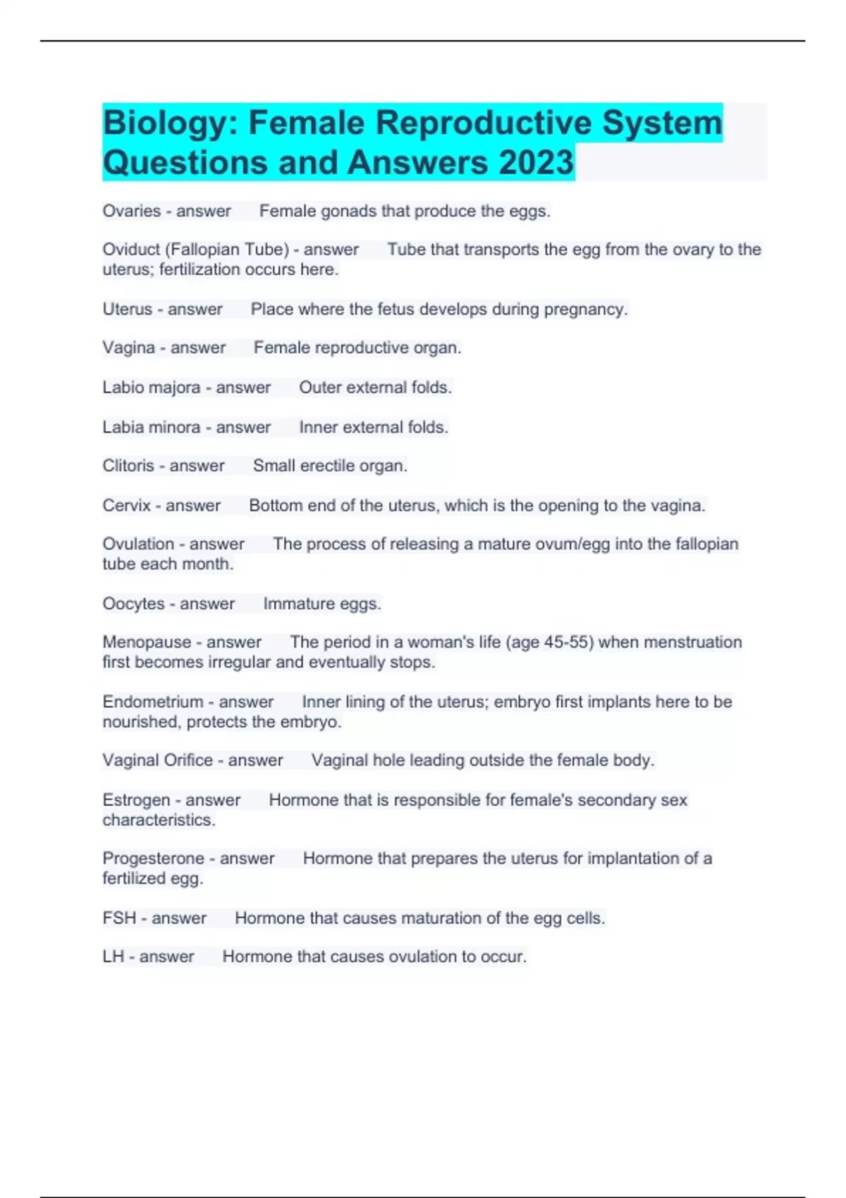 Biology: Female Reproductive System Questions and Answers 2023 - Female ...
