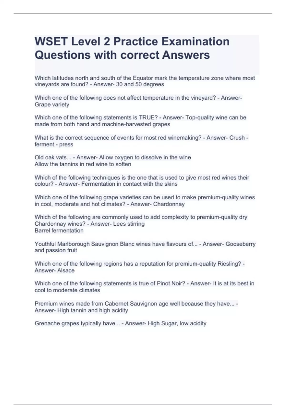 WSET Level 2 Practice Examination Questions with correct Answers - WSET - Stuvia US