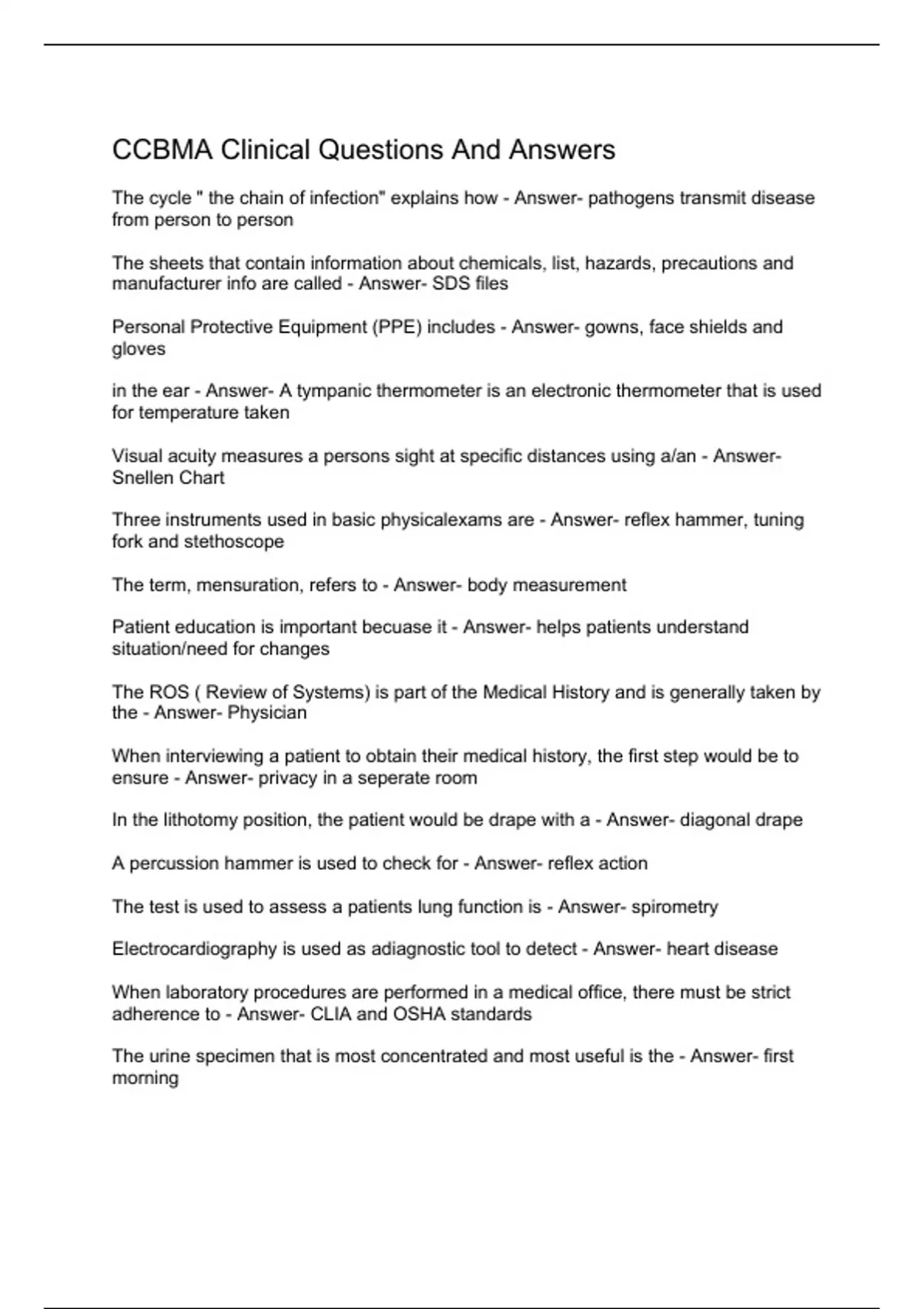 CCBMA Clinical Questions And Answers - CCBMA - Stuvia US