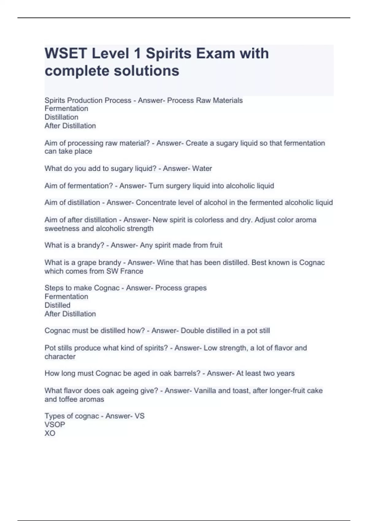 WSET Level 1 Spirits Exam with complete solutions - WSET - Stuvia US