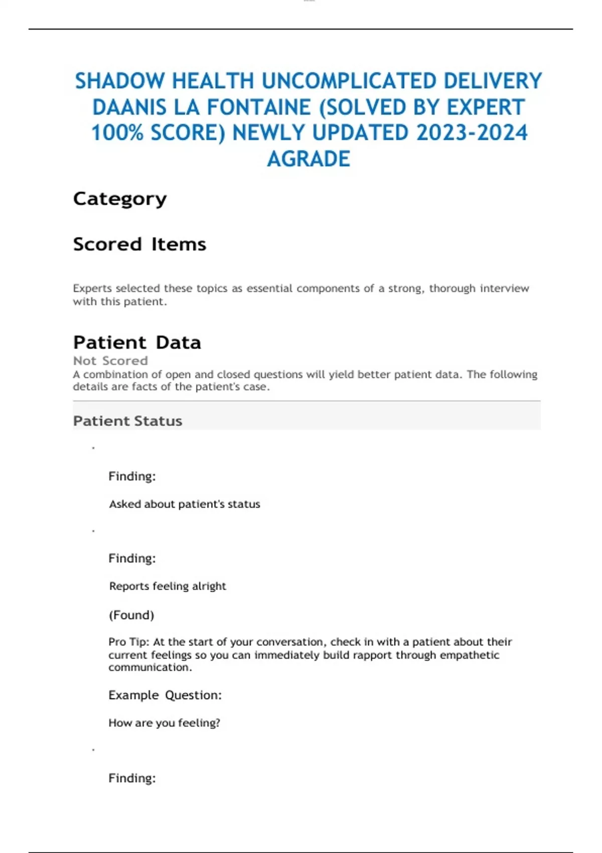 SHADOW HEALTH UNCOMPLICATED DELIVERY DAANIS LA FONTAINE (SOLVED BY ...