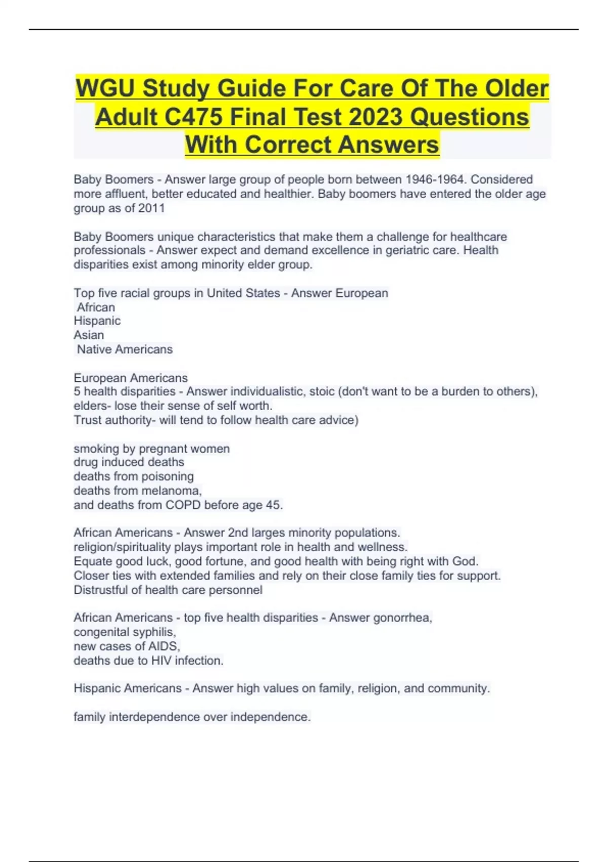 WGU Study Guide For Care Of The Older Adult C475 Final Test 2023 ...