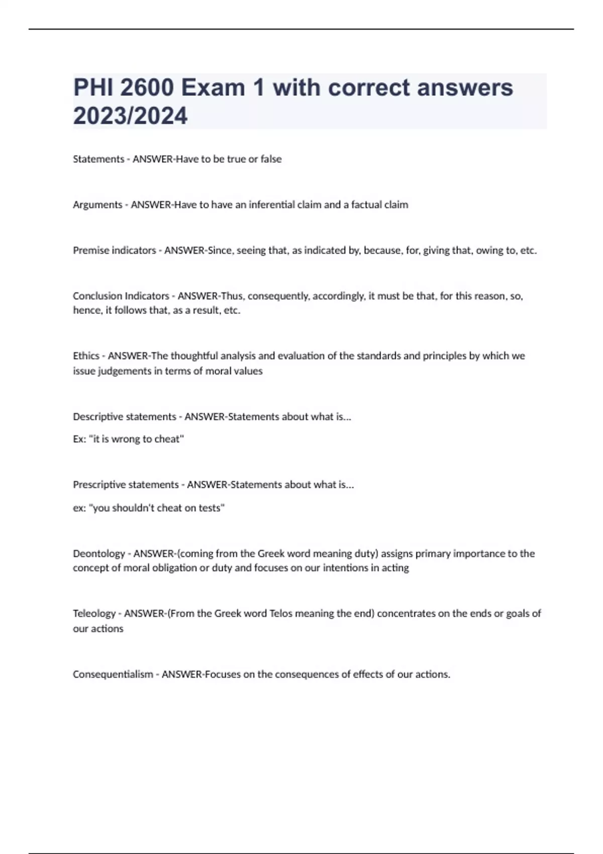 PHI 2600 Exam 1 with correct answers 2023/2024 - PHI 2600 - Stuvia US