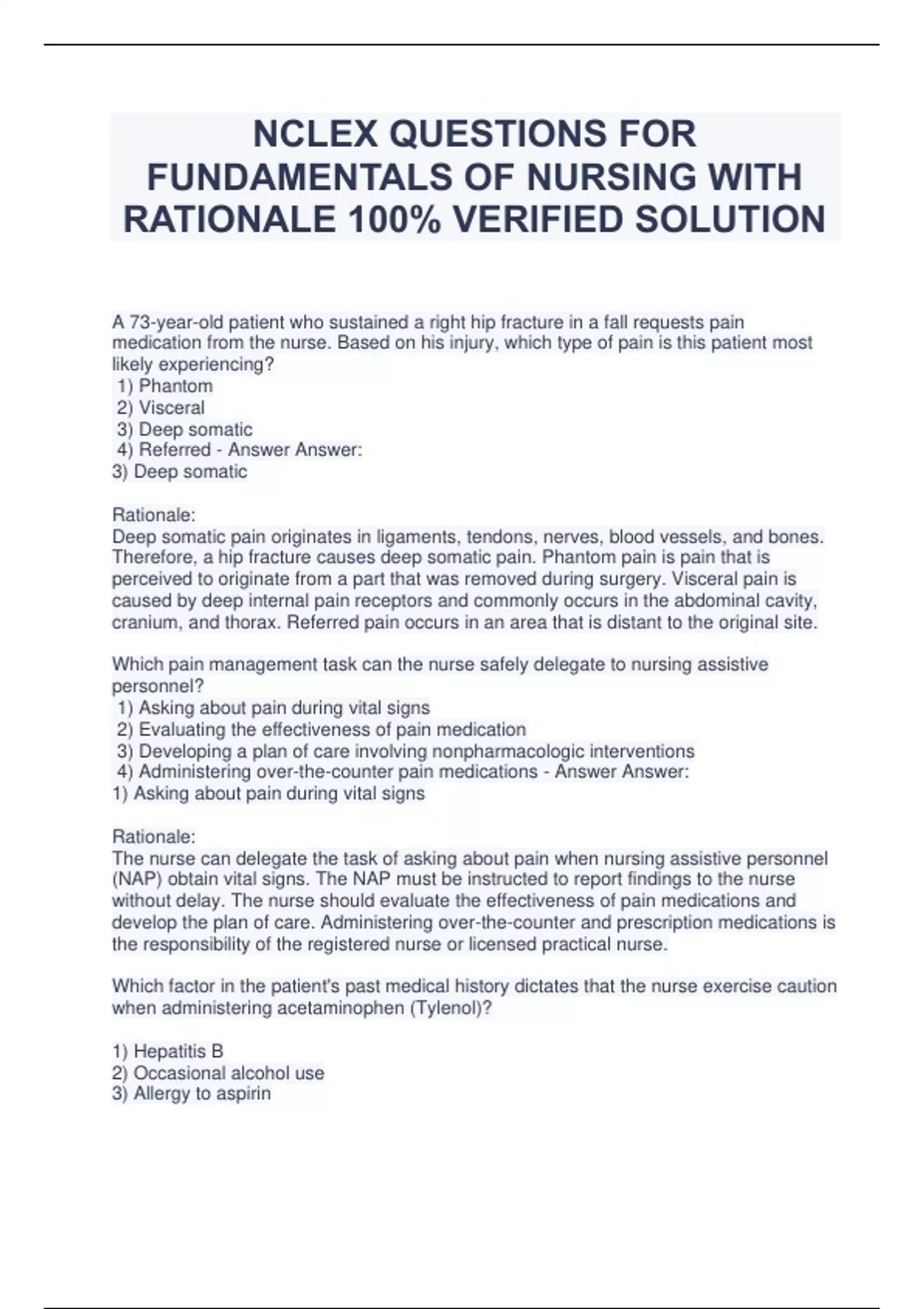 NCLEX QUESTIONS FOR FUNDAMENTALS OF NURSING WITH RATIONALE 100% ...