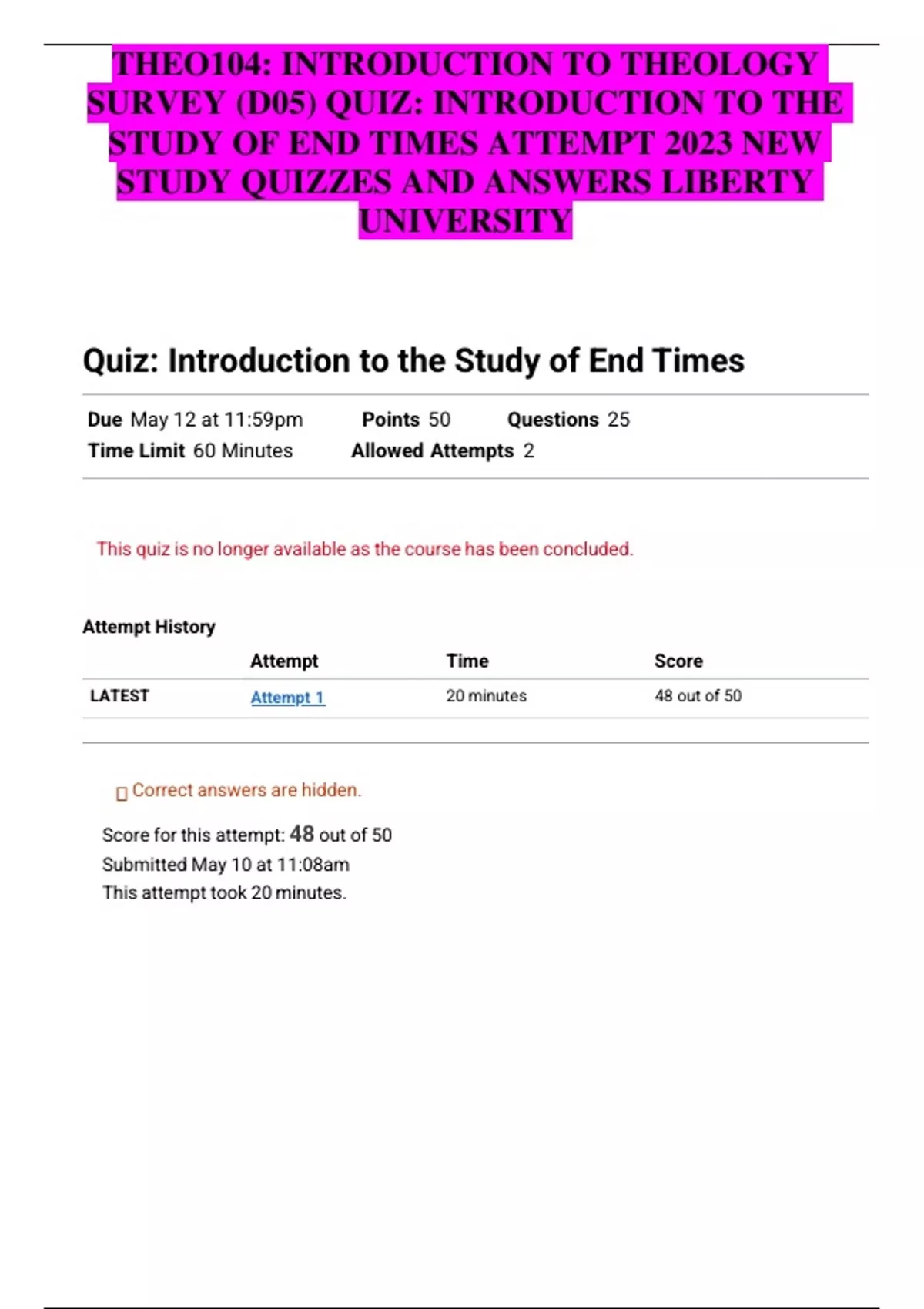 THEO104: INTRODUCTION TO THEOLOGY SURVEY (D05) QUIZ: INTRODUCTION TO ...