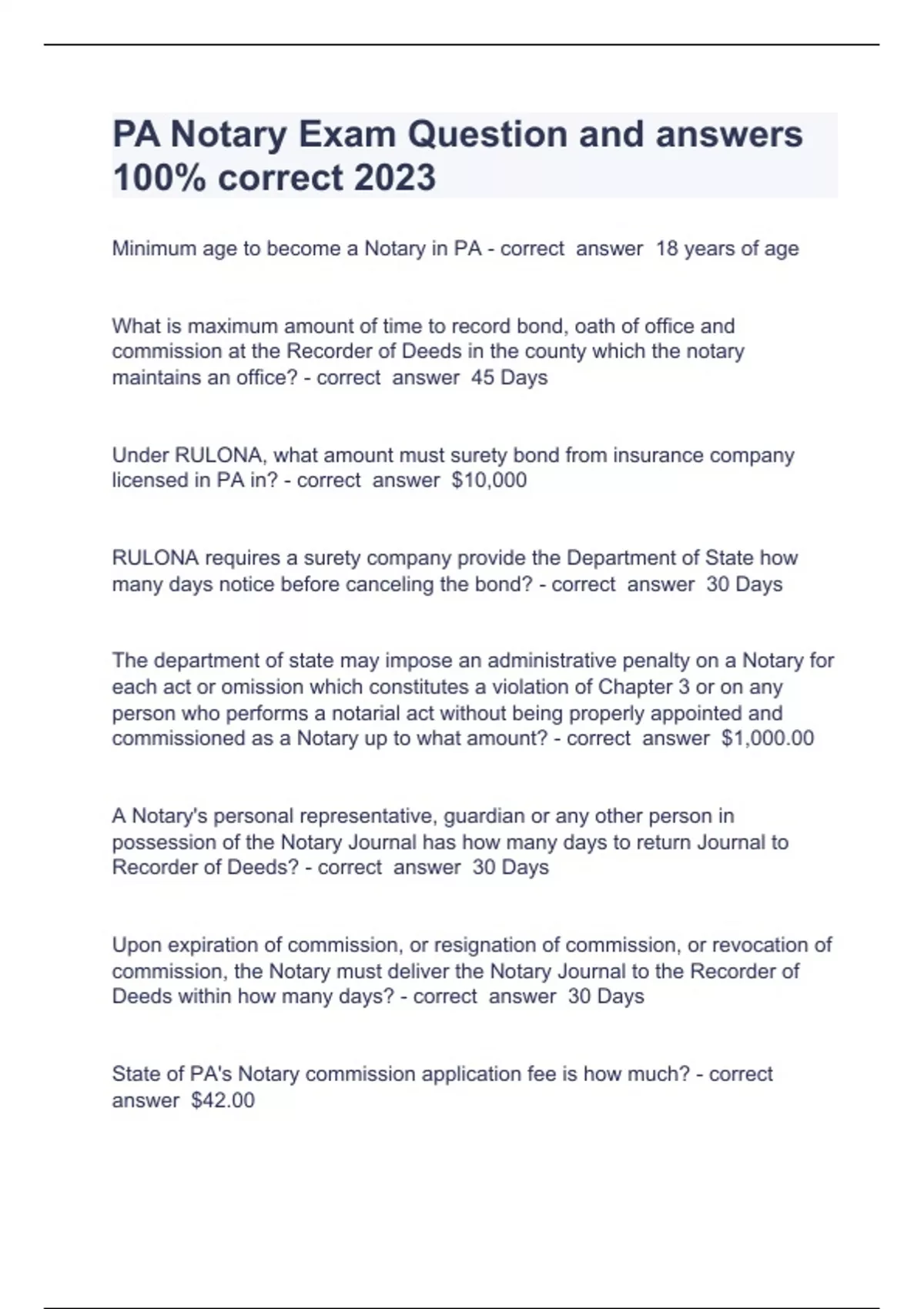 PA Notary Exam Question and answers 100% correct 2023 - PA NOTARY ...