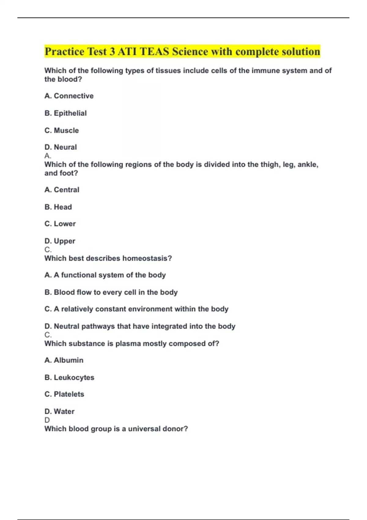 Practice Test 3 ATI TEAS Science with complete solution - ATI TEAS ...