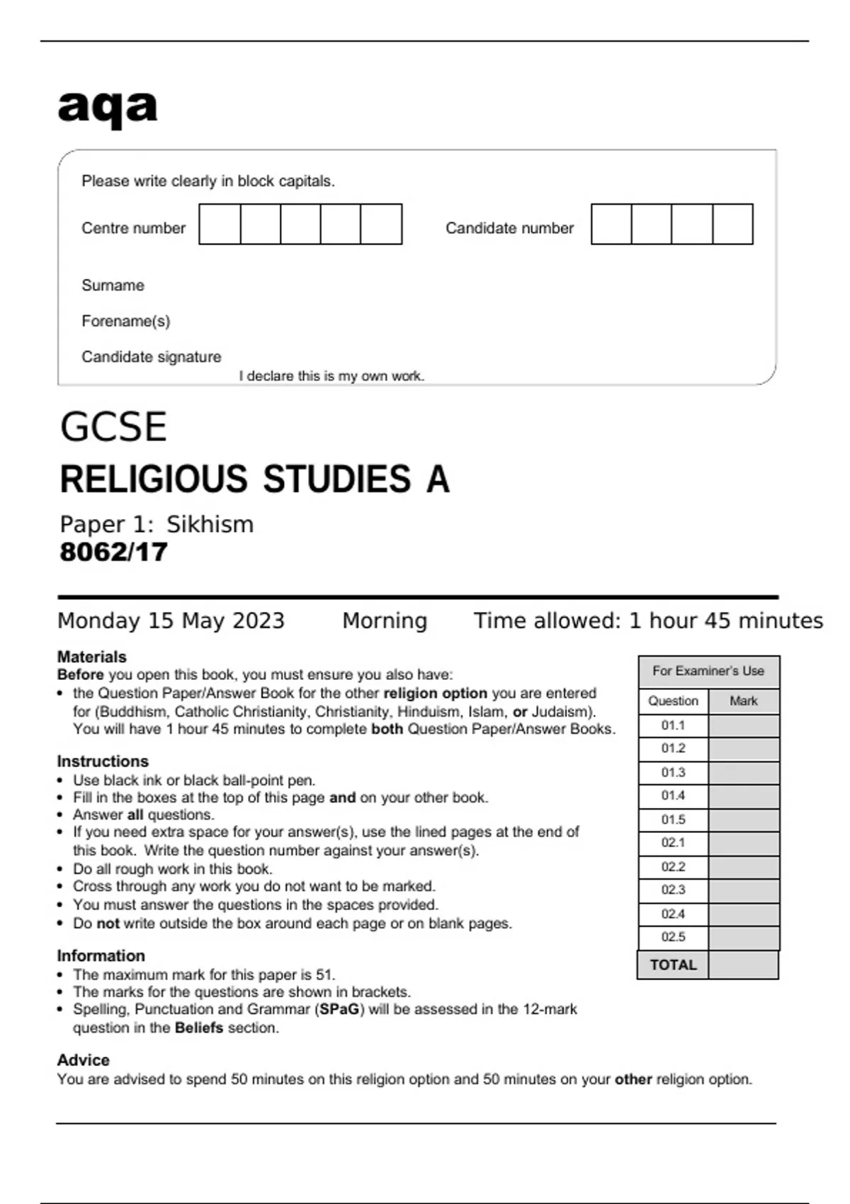 aqa GCSE RELIGIOUS STUDIES A Paper 1: Sikhism (8062/17) MAY 2023 ...