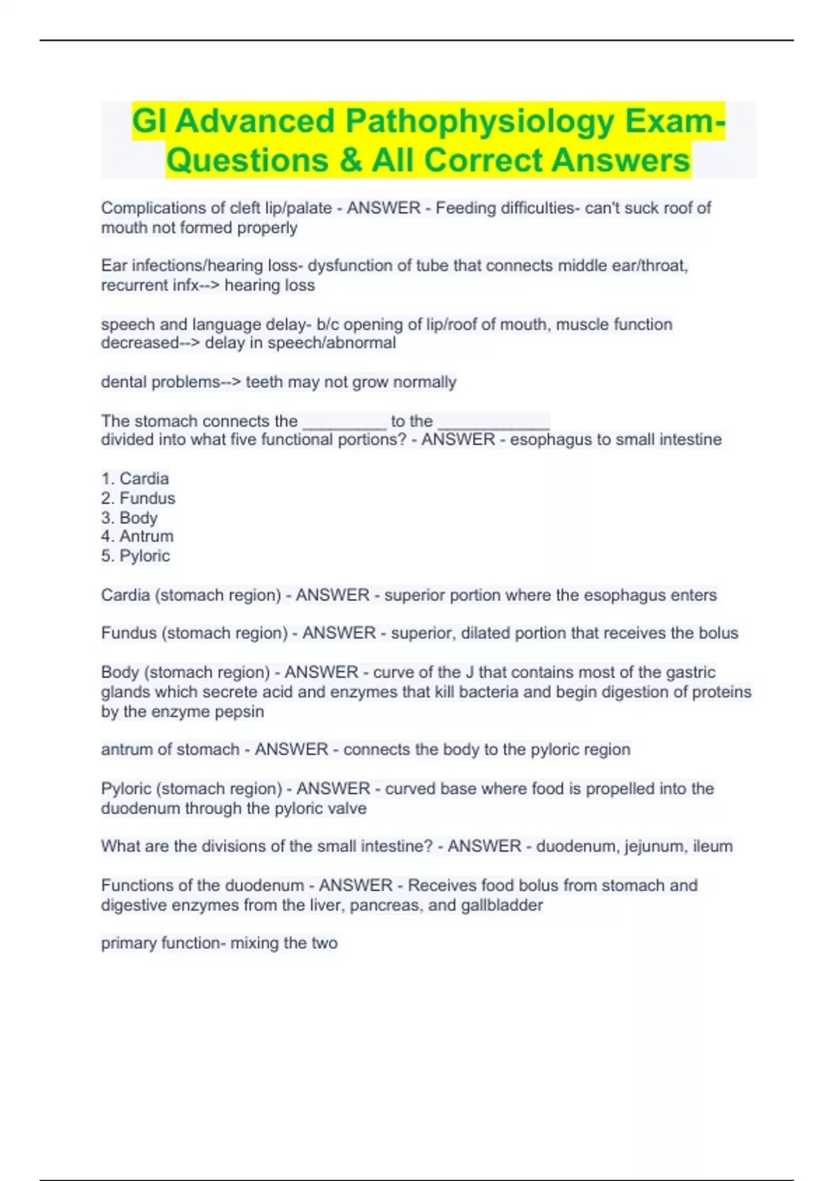 GI Advanced Pathophysiology Exam- Questions & All Correct Answers ...