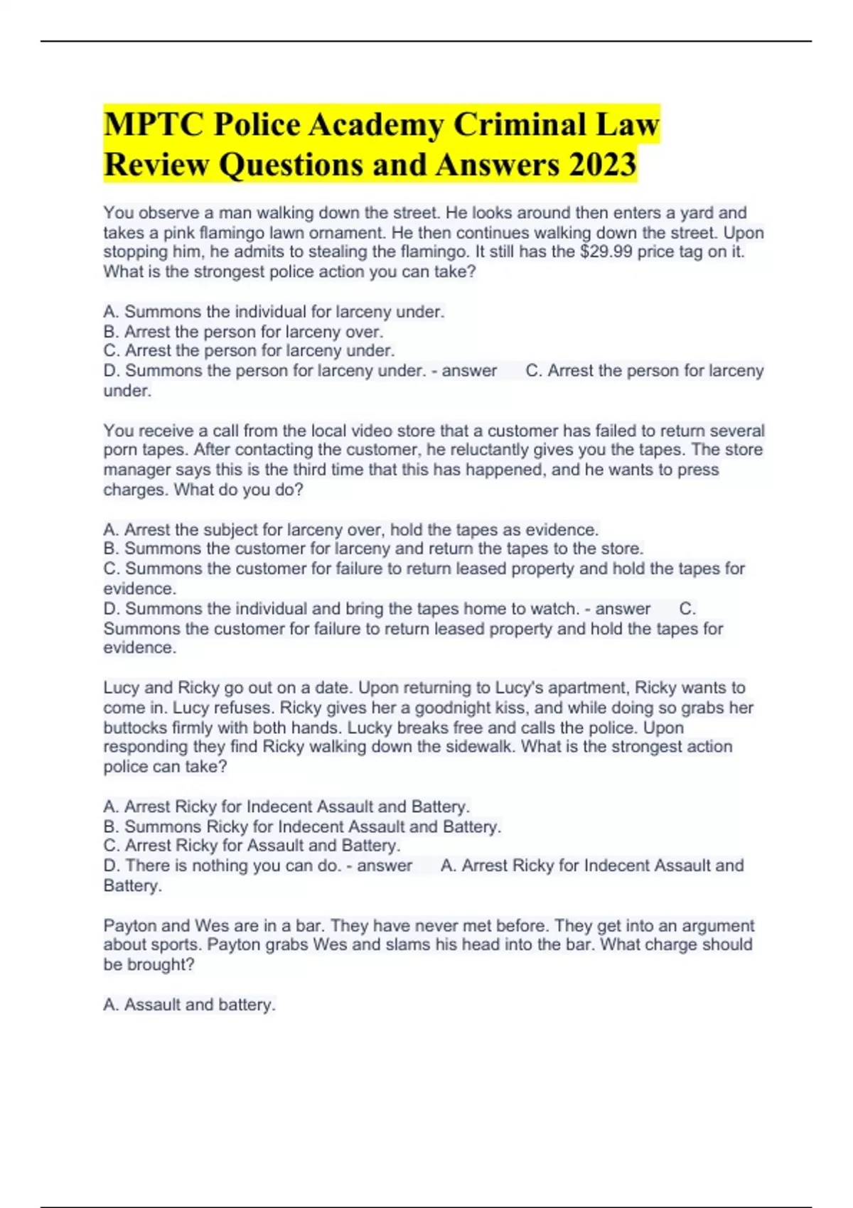 MPTC Police Academy Criminal Law Review Questions and Answers 2023 ...