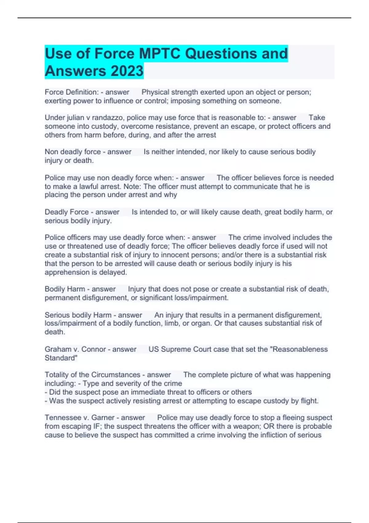 Use of Force MPTC Questions and Answers 2023 - Mptc - Stuvia US