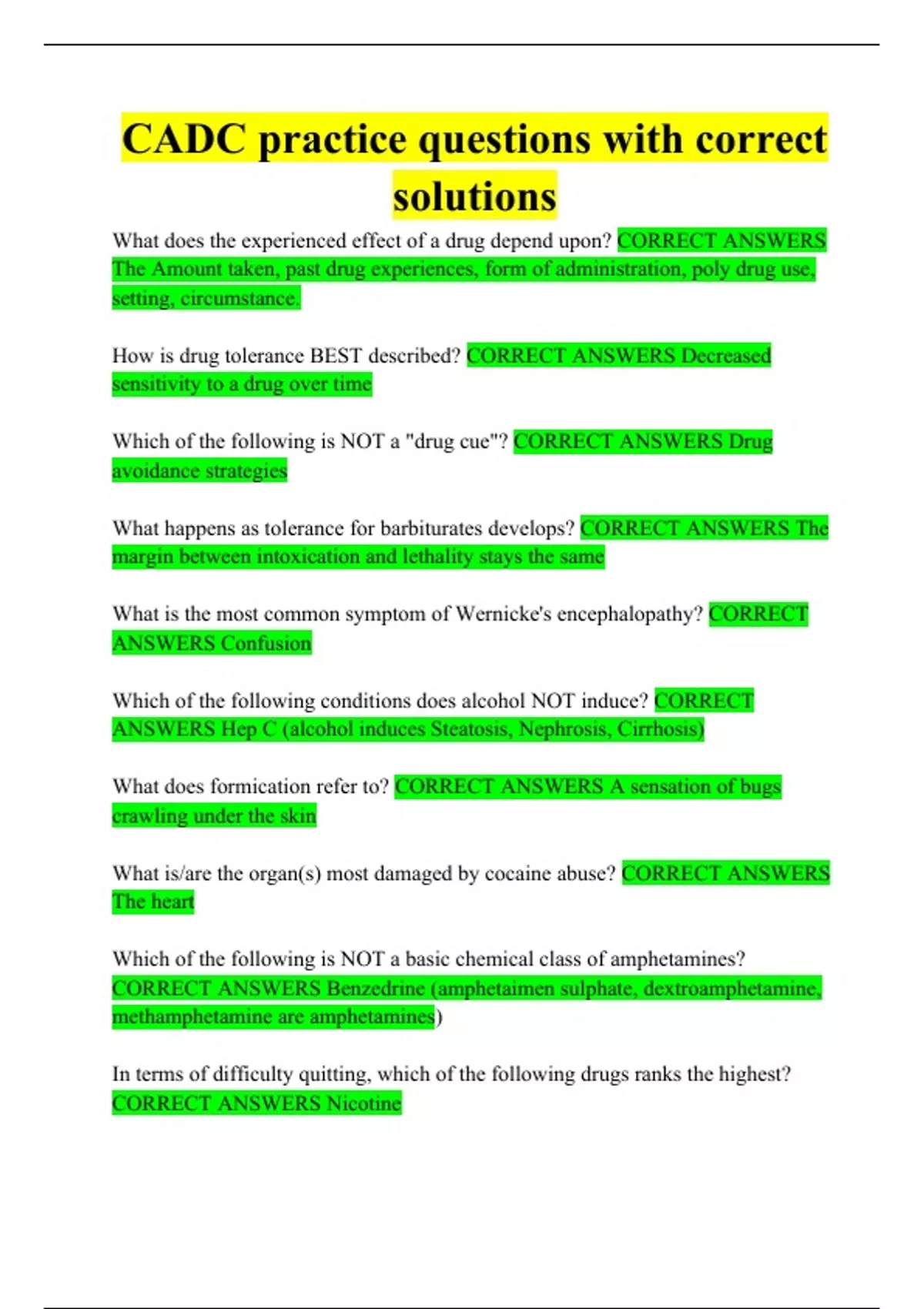 CADC Practice Questions With Correct Solutions Alcohol Science CADC CADC Practice Questions With Correct Solutions Alcohol Science CADC