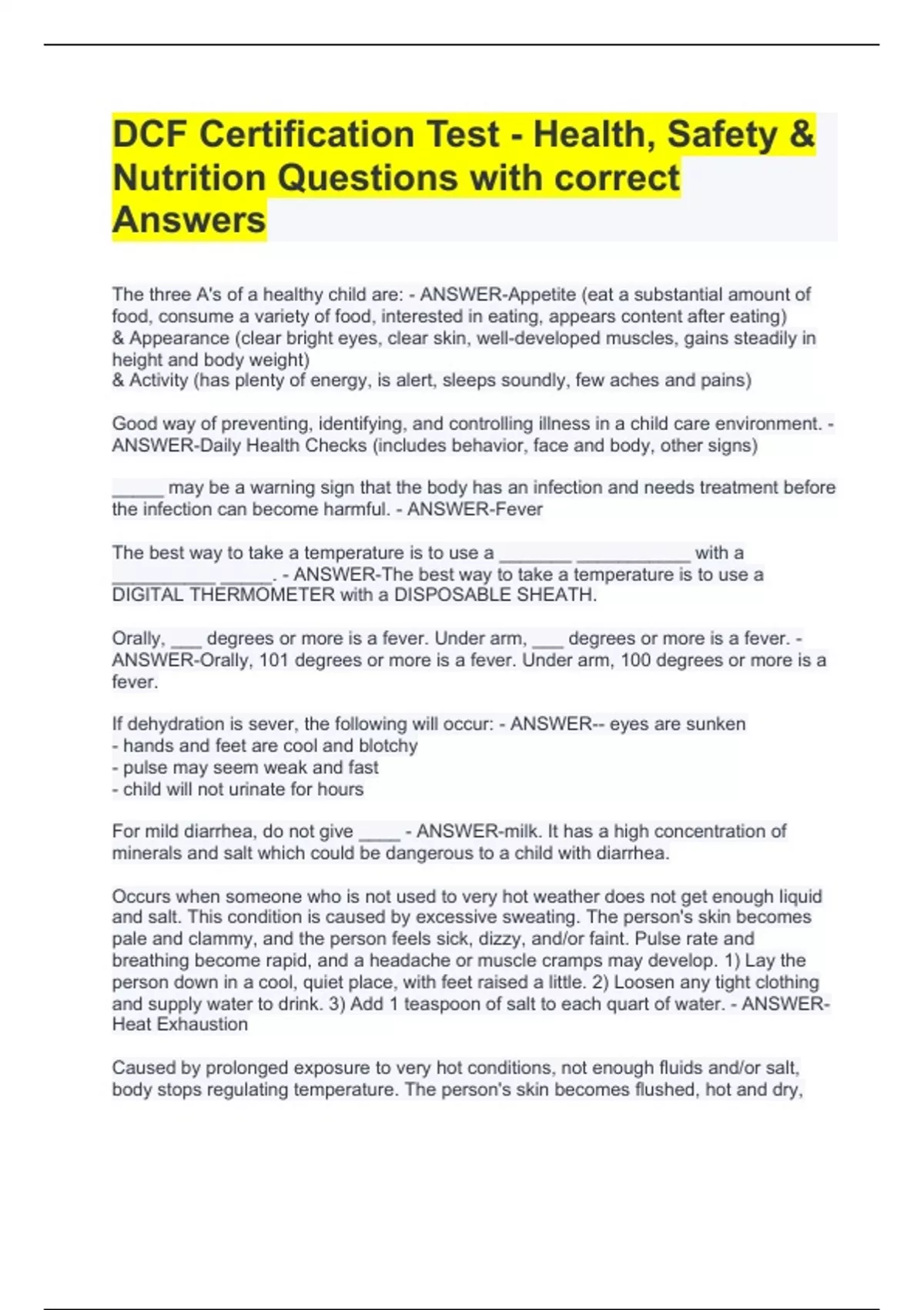 DCF Certification Test - Health, Safety & Nutrition Questions with ...