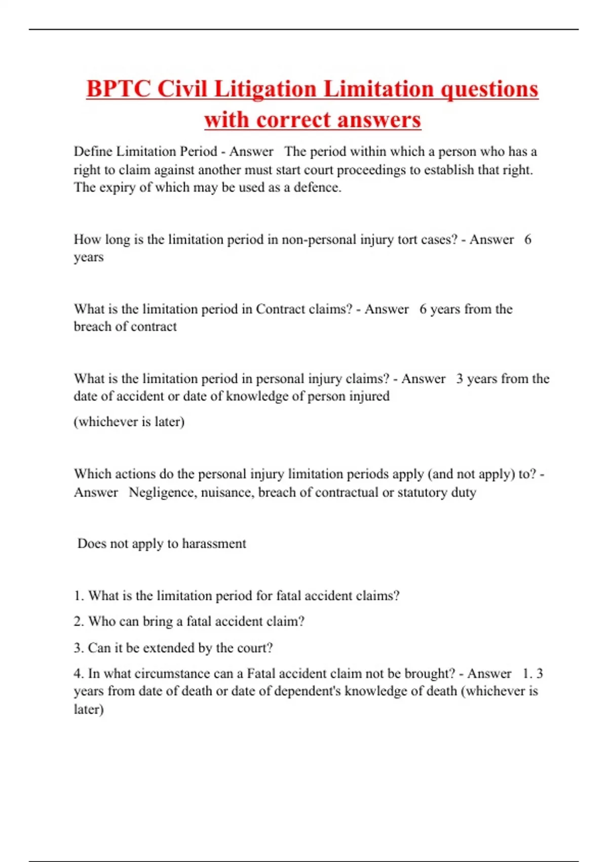 BPTC Civil Litigation Limitation questions with correct answers - BPTC ...
