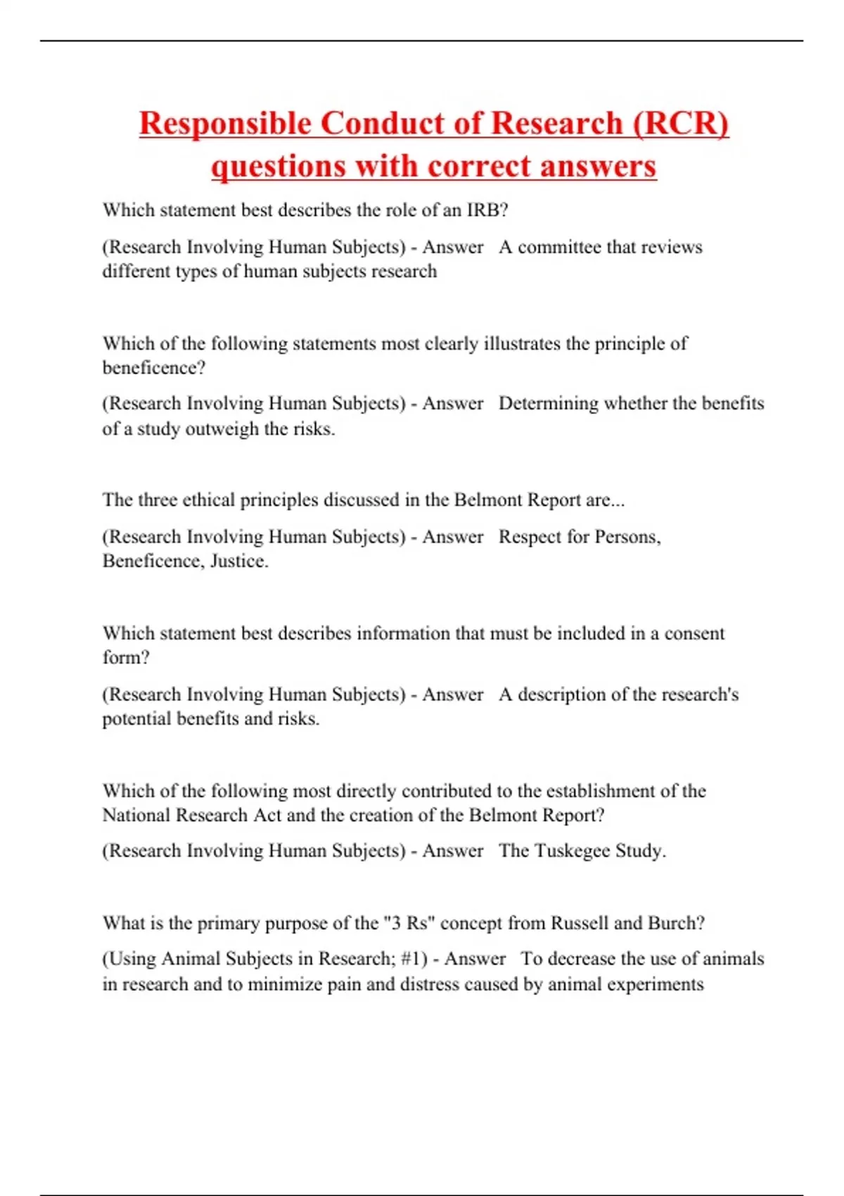 Responsible Conduct of Research (RCR) questions with correct answers - CITI Good Practice Course ...