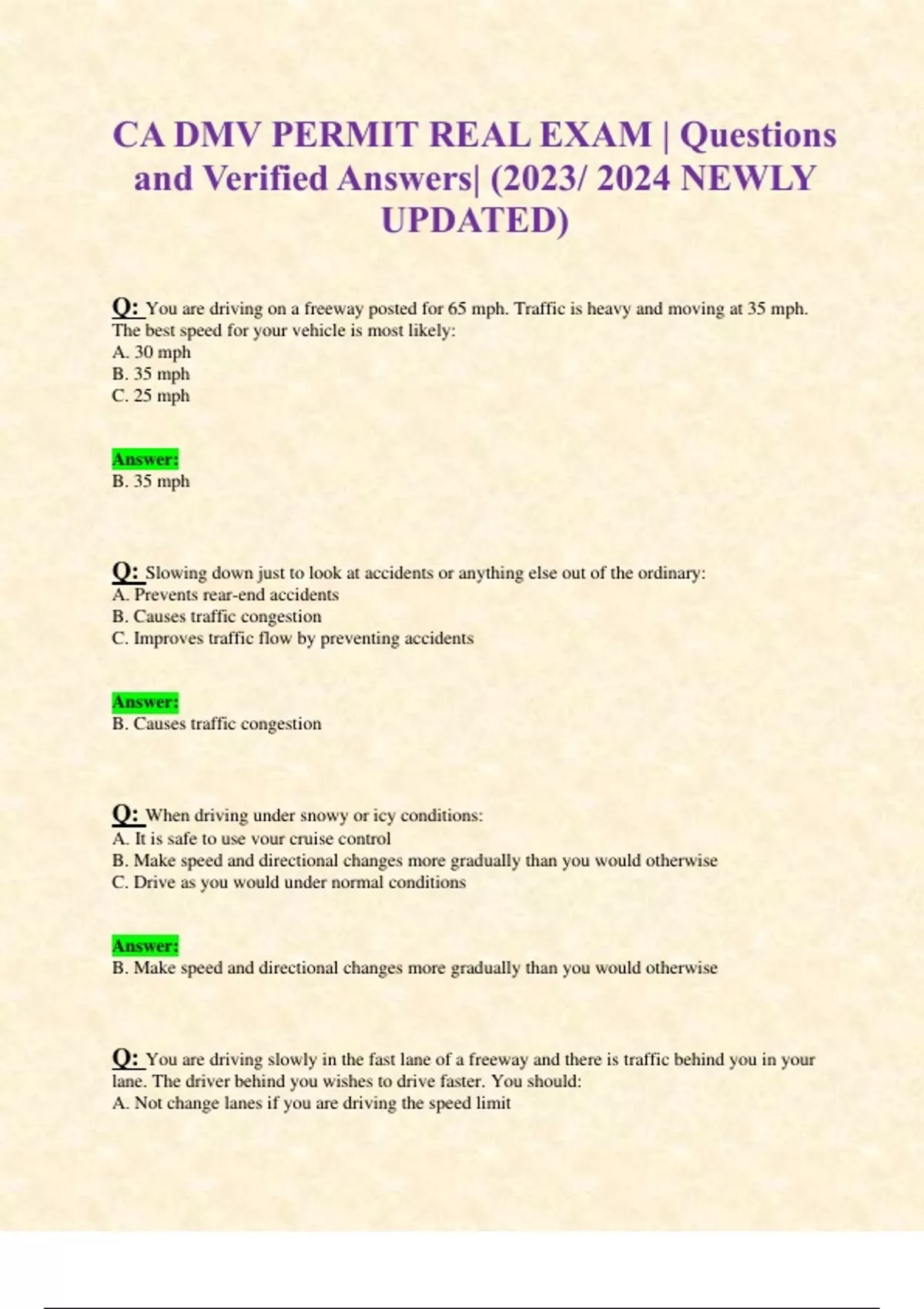 CA DMV PERMIT REAL EXAM | Questions and Verified Answers| (2023/ 2024 ...