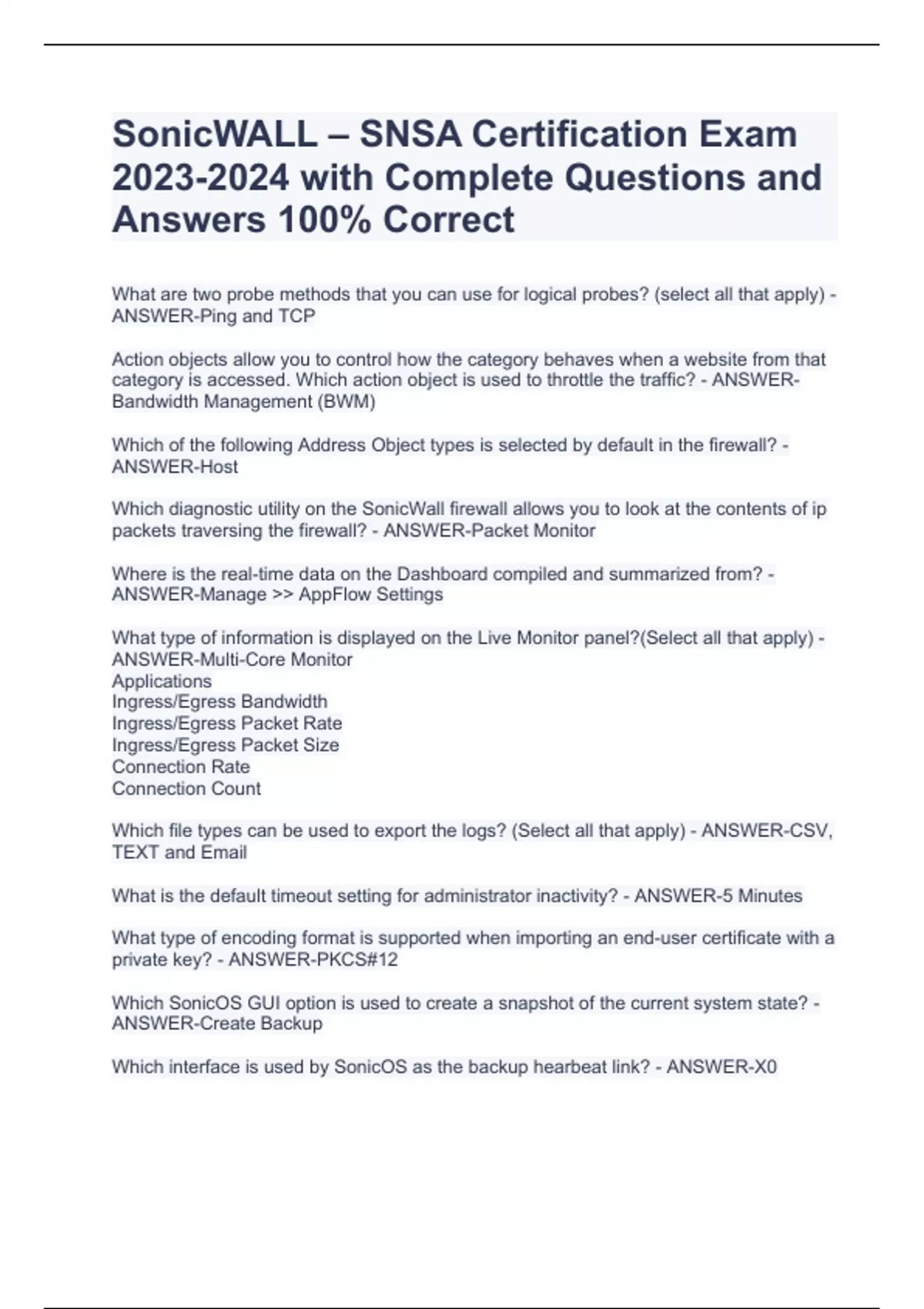 SonicWALL – SNSA Certification Exam with Complete Questions and Answers ...