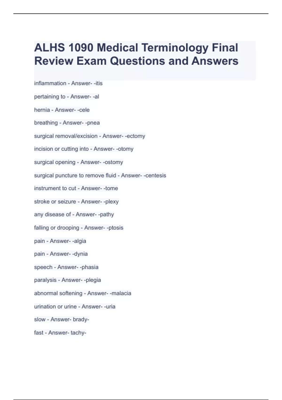 ALHS 1090 Medical Terminology Final Review Exam Questions and Answers - ALHS 1090 - Stuvia US