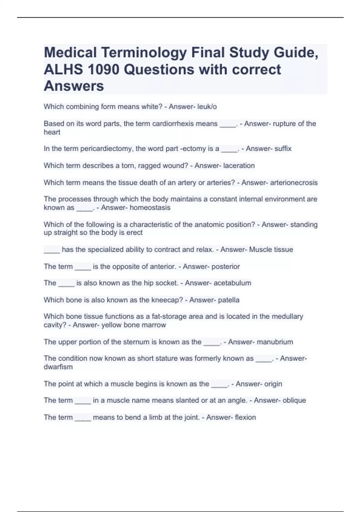 Medical Terminology Final Study Guide, ALHS 1090 Questions with correct Answers - ALHS 1090 ...