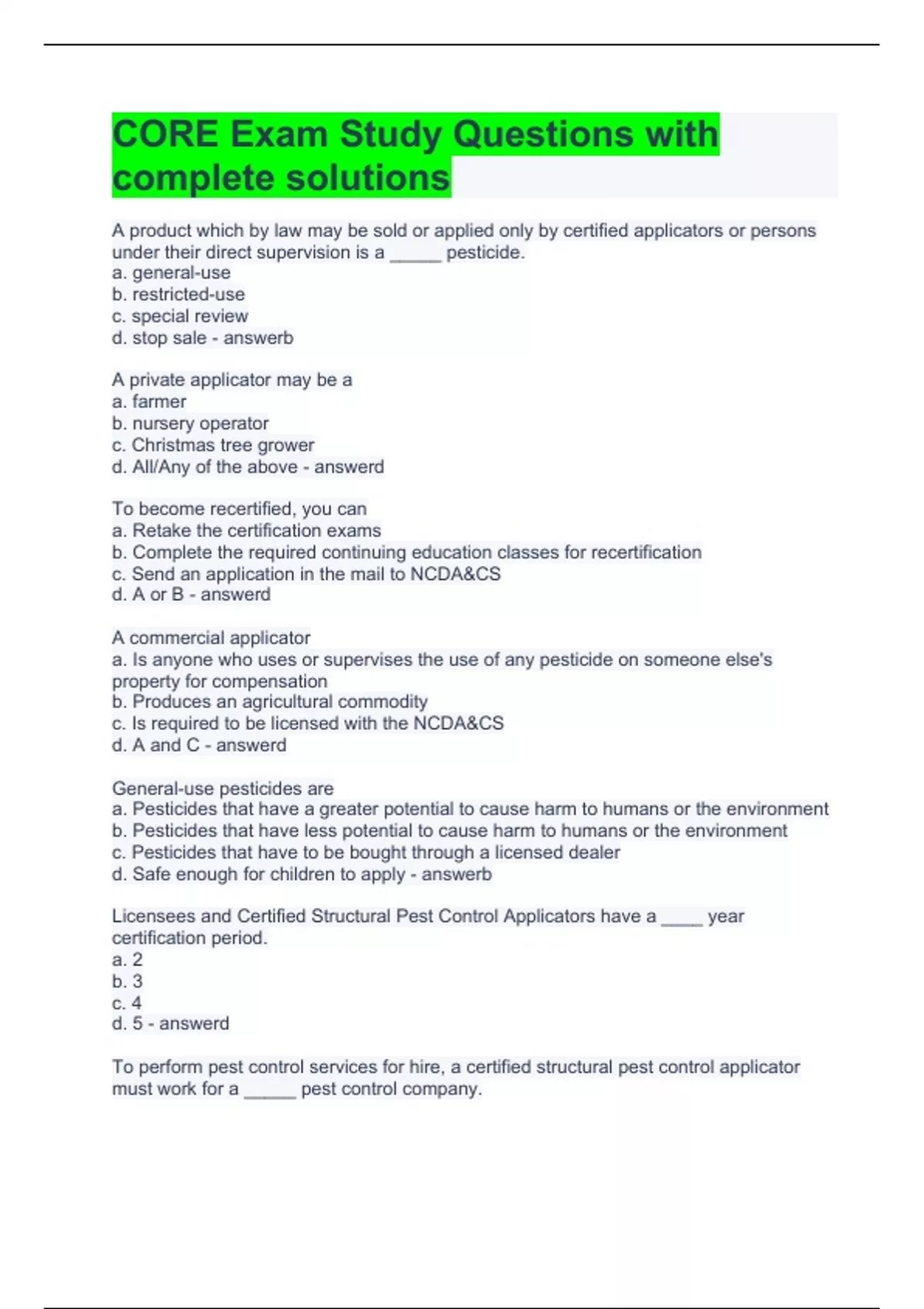 CORE Exam Study Questions with complete solutions - Core pesticide ...