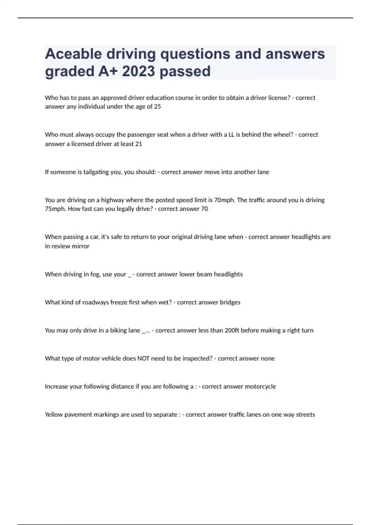 Aceable driving questions and answers graded A+ 2023 passed - Aceable ...