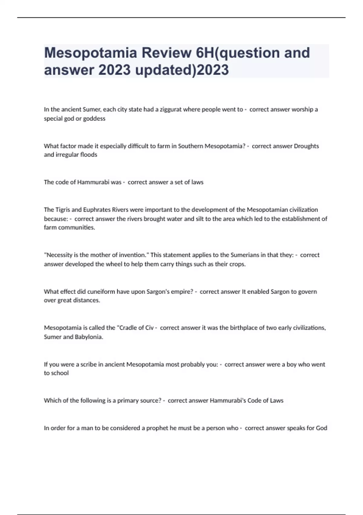Mesopotamia Review 6H(question and answer 2023 updated)2023 ...