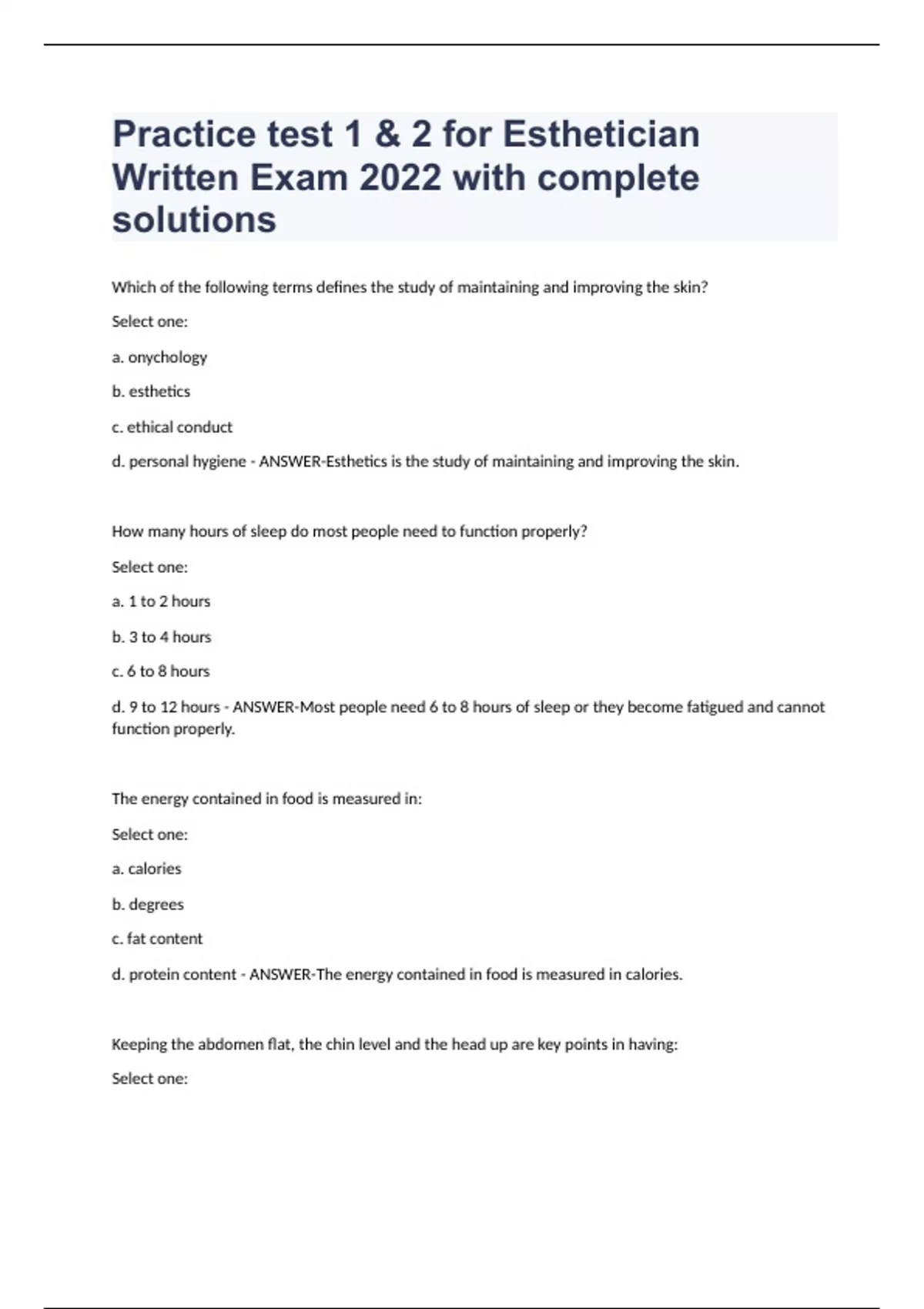 Practice test 1 & 2 for Esthetician Written Exam 2022 with complete ...