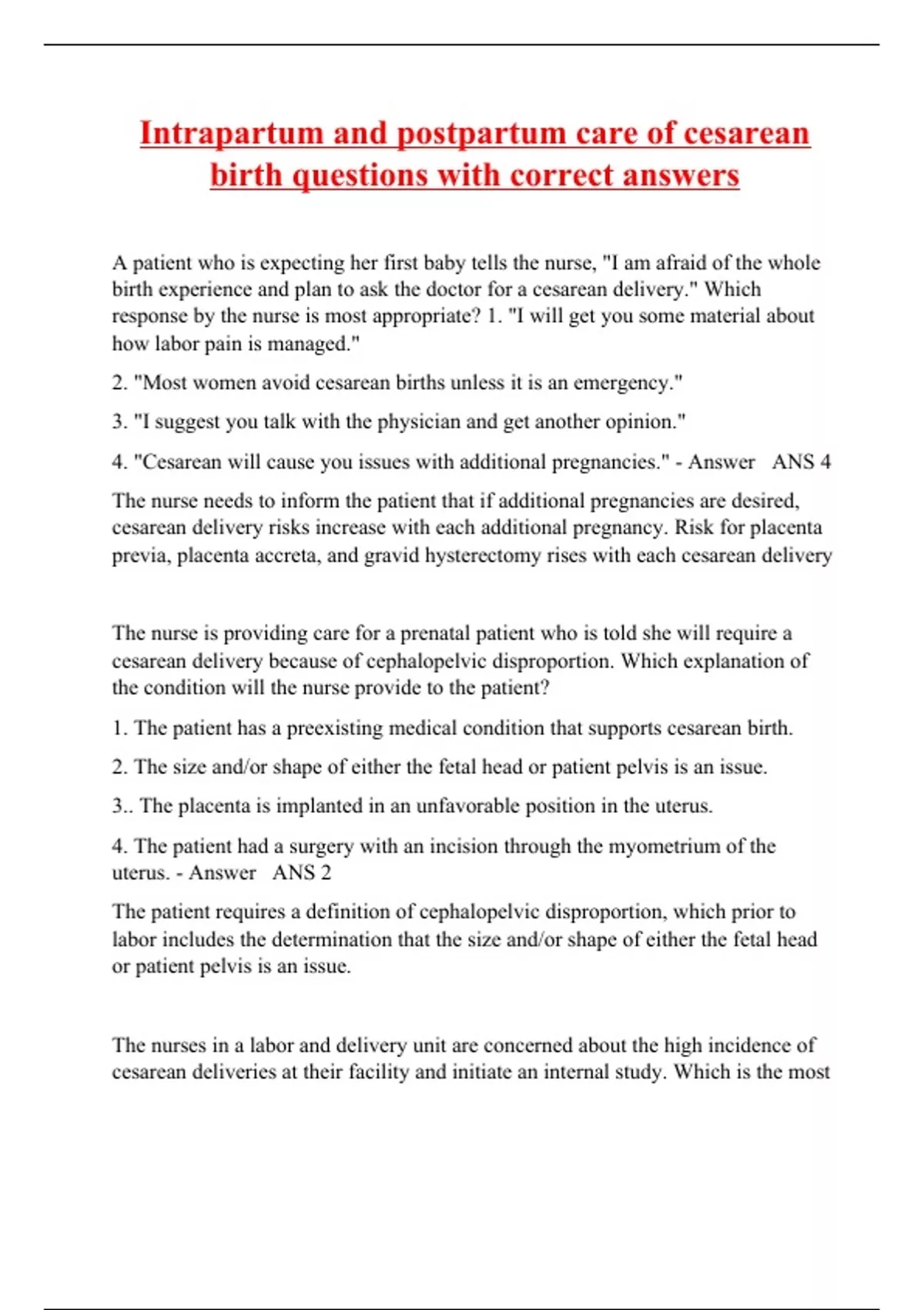 Intrapartum and postpartum care of cesarean birth questions with ...