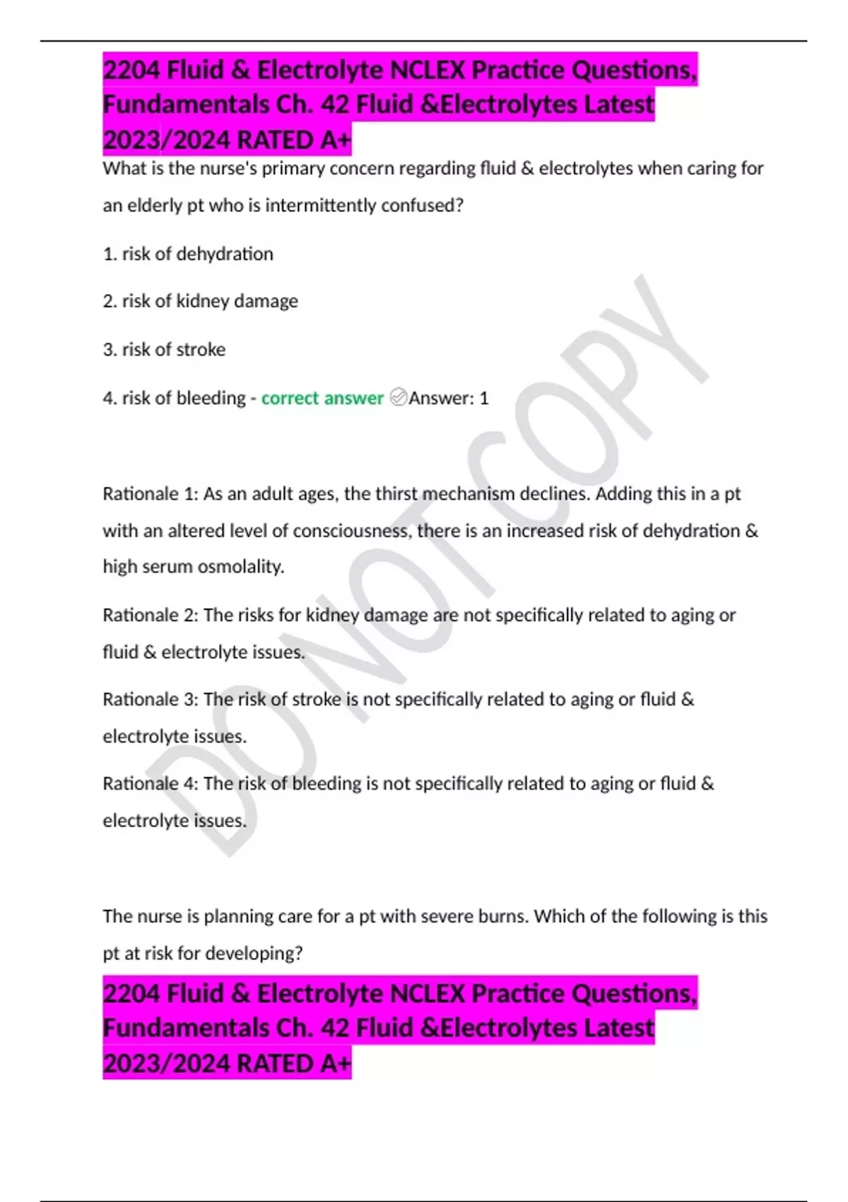 2204 Fluid & Electrolyte NCLEX Practice Questions, Fundamentals Ch. 42 ...