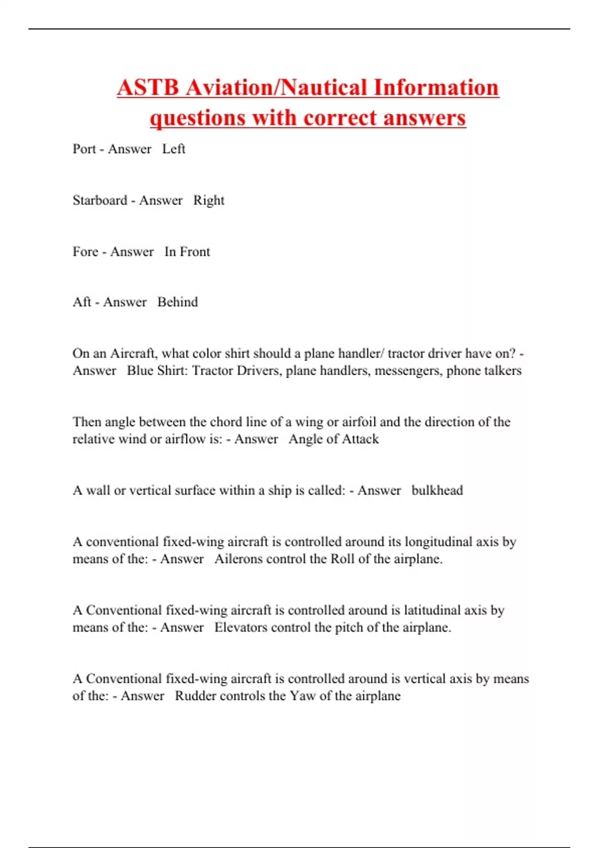 ASTB Aviation/Nautical Information questions with correct answers ...