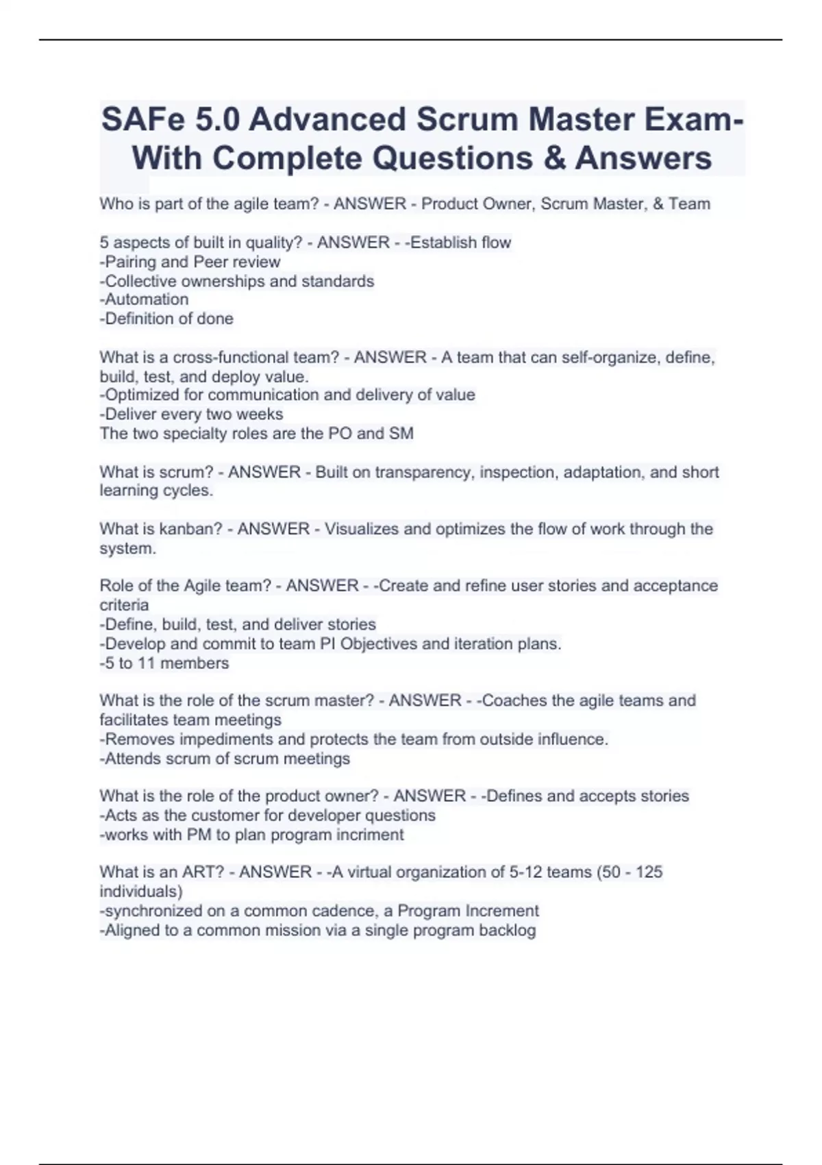 Safe 5 0 Advanced Scrum Master Exam With Complete Questions And Answers Safe 5 Advanced Scrum