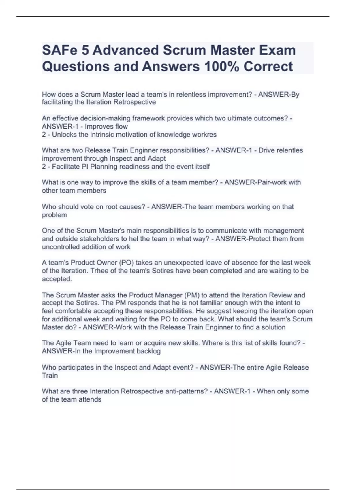 Safe 5 Advanced Scrum Master Exam Questions And Answers 100 Correct Safe 5 Advanced Scrum