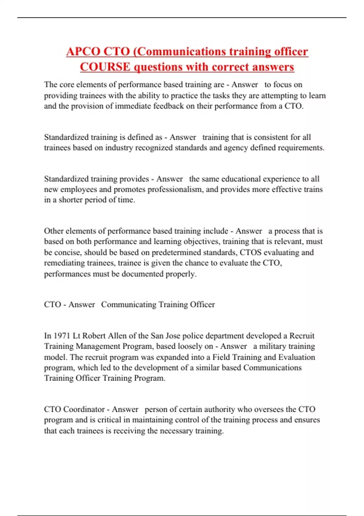 APCO CTO (Communications training officer COURSE questions with correct ...