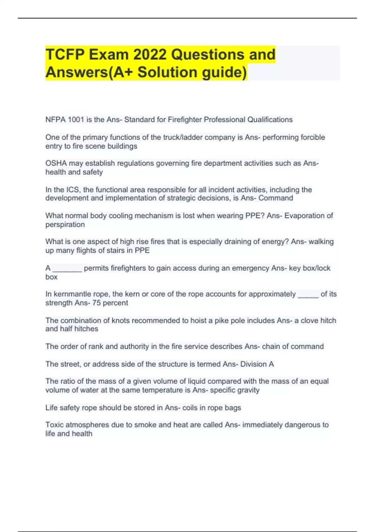 TCFP Exam 2022 Questions and Answers(A+ Solution guide) - Tcfp - Stuvia US
