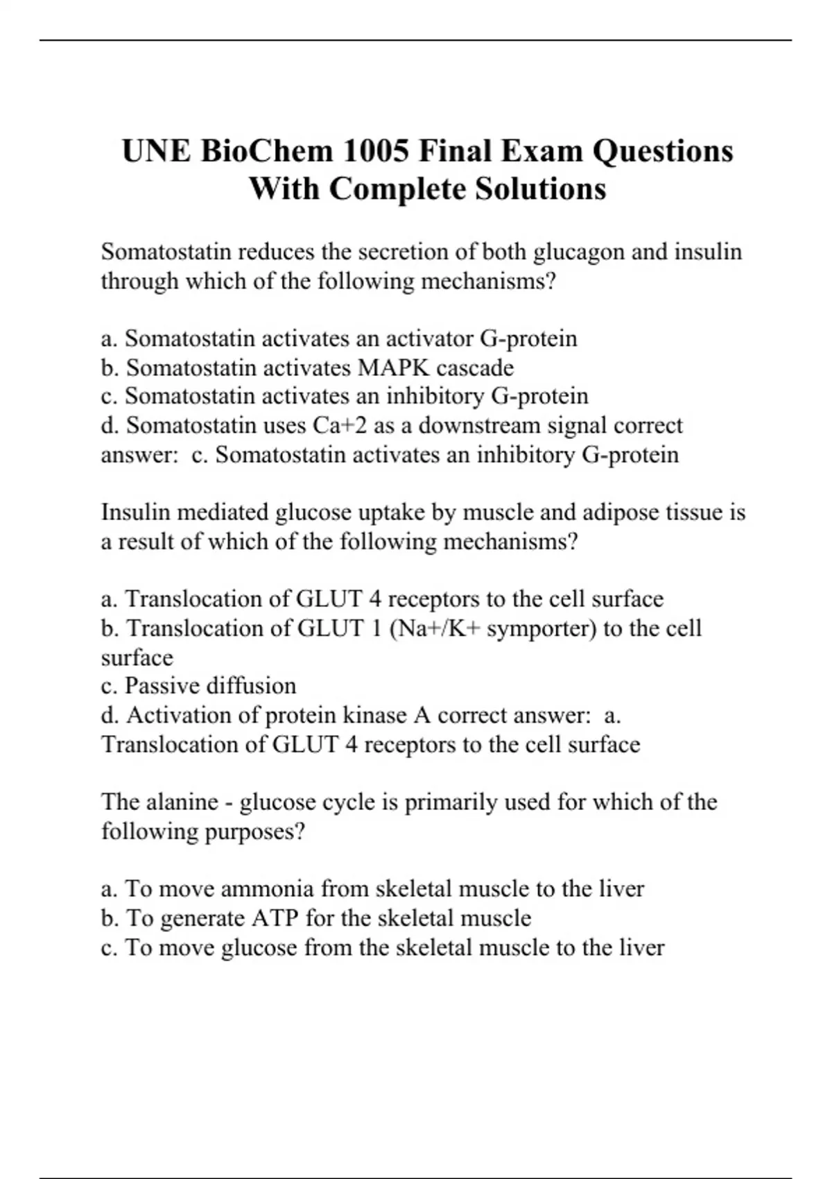 UNE BioChem 1005 Final Exam Questions With Complete Solutions - UNE ...