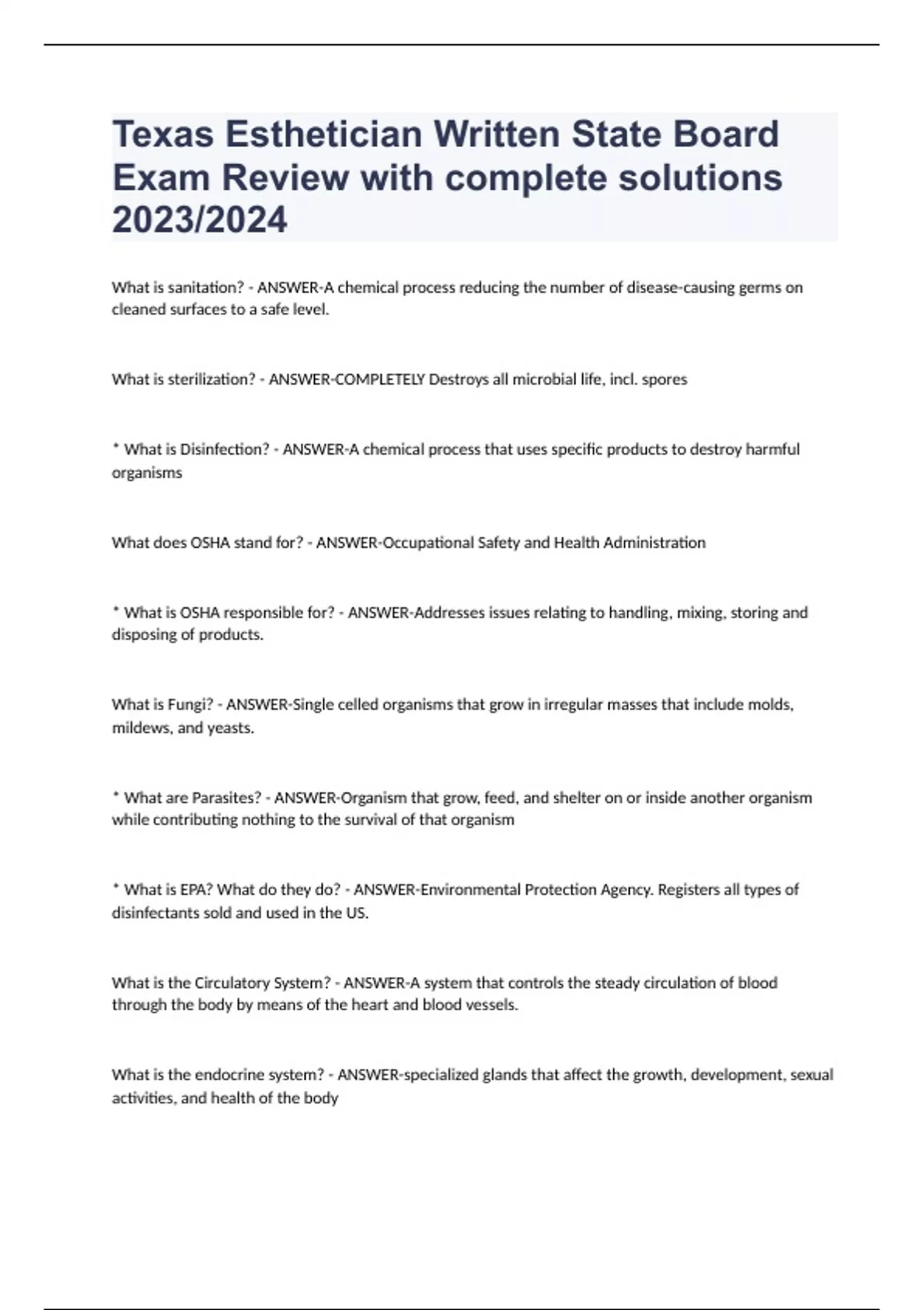 Texas Esthetician Written State Board Exam Review with complete ...