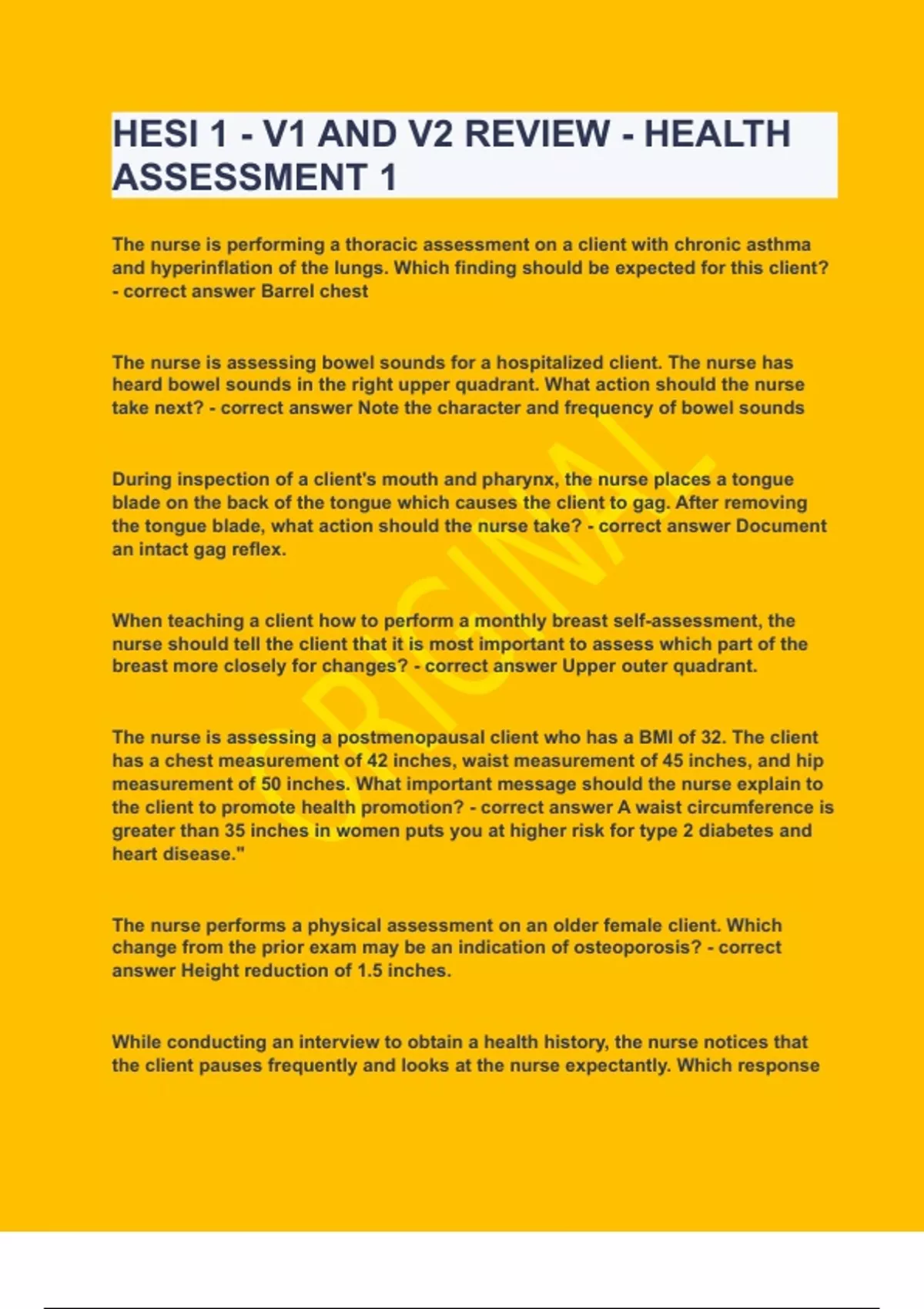 HESI 1 - V1 AND V2 REVIEW - HEALTH ASSESSMENT 1|UPDATED&VERIFIED|100% ...