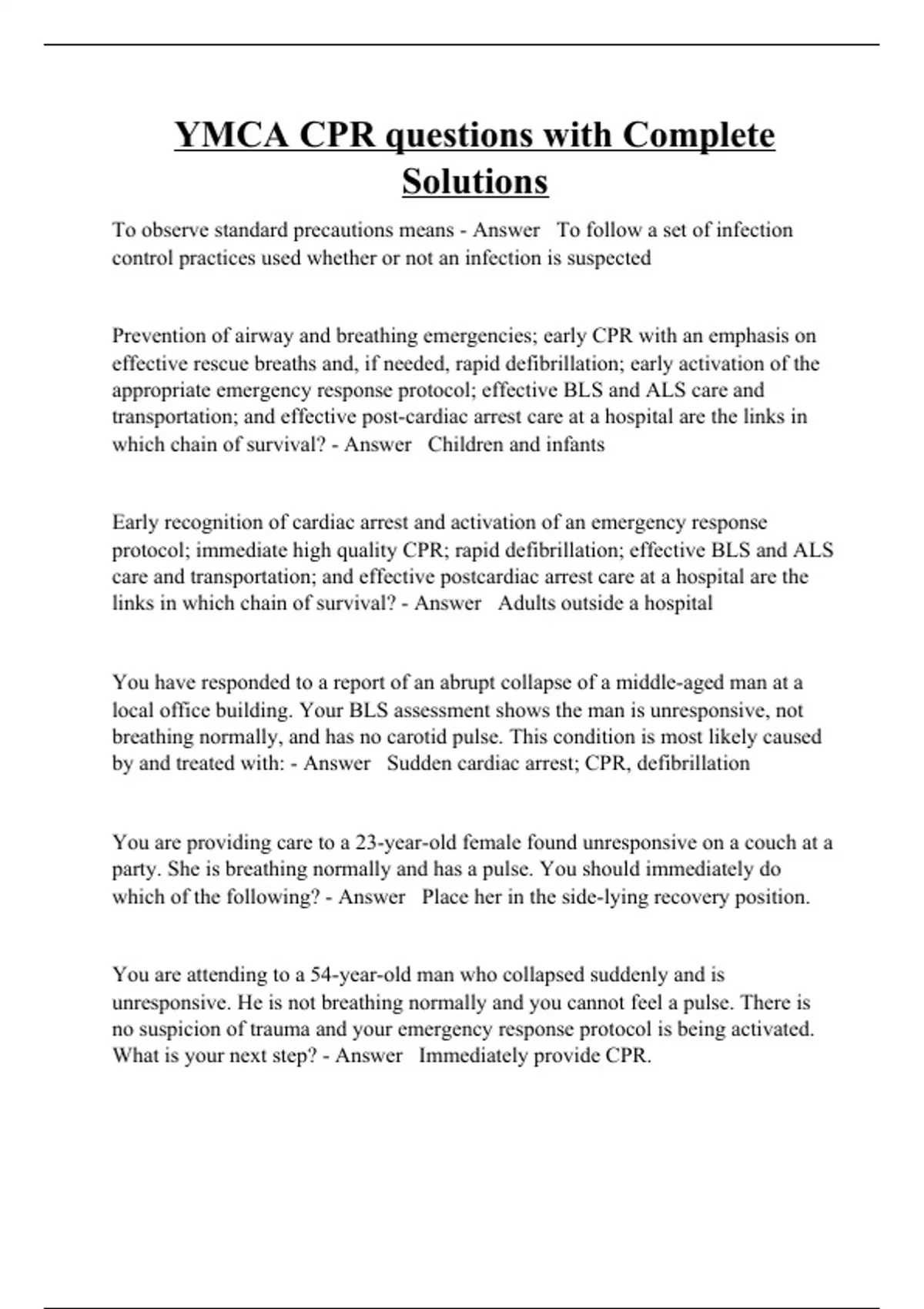 YMCA CPR questions with Complete Solutions - Ymca - Stuvia US