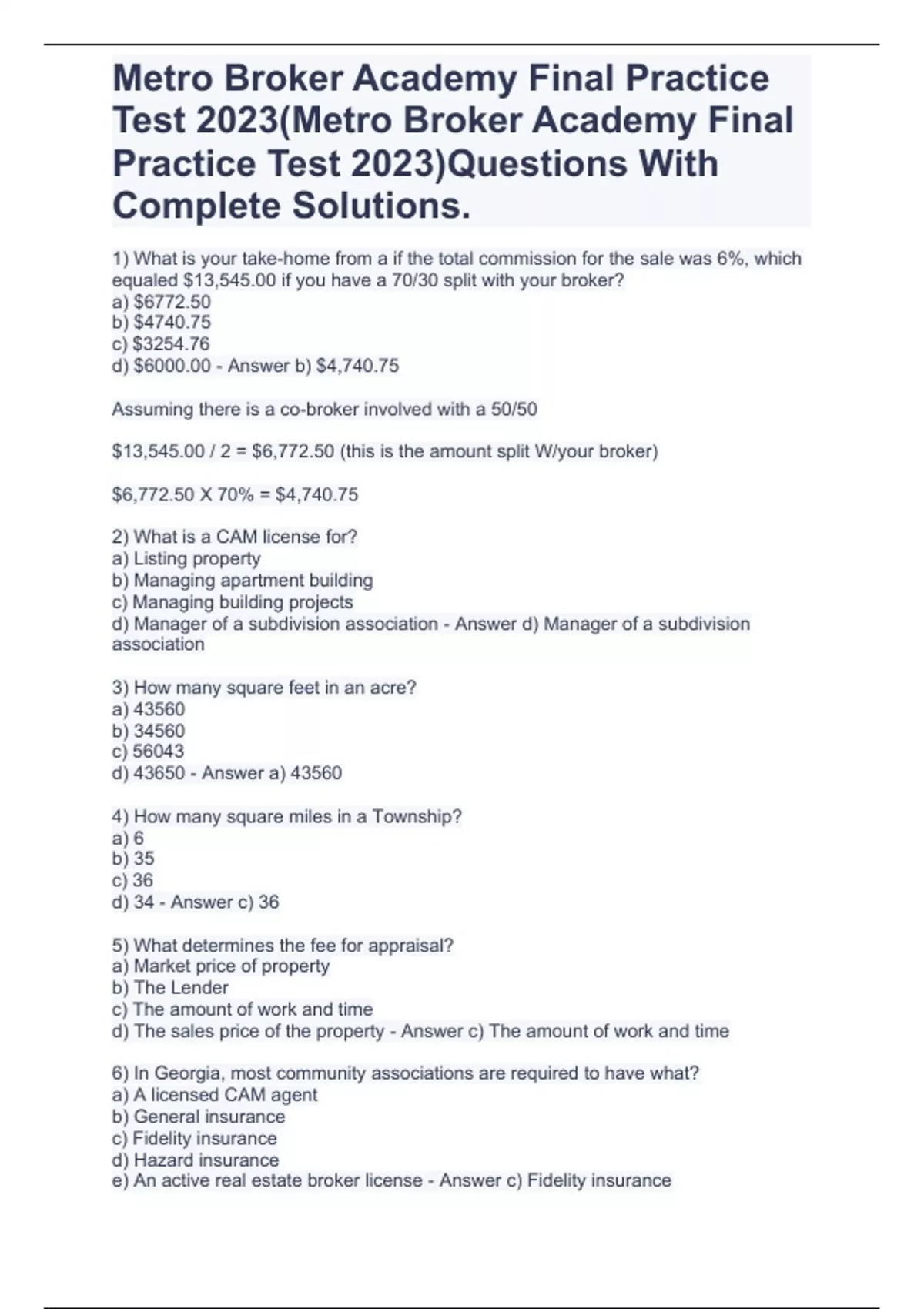 Metro Broker Academy Final Practice Test 2023(Metro Broker Academy ...