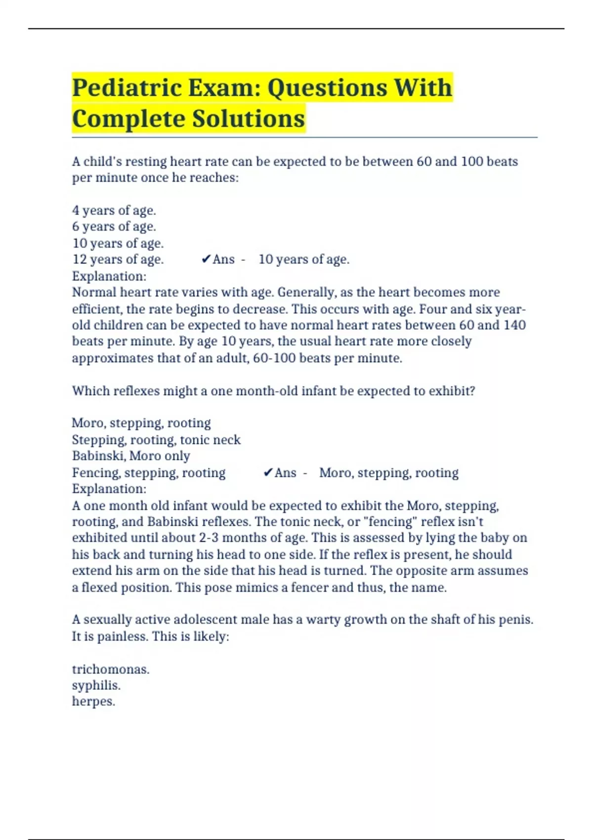 Pediatric Exam: Questions With Complete Solutions - Pediatrics - Stuvia NL