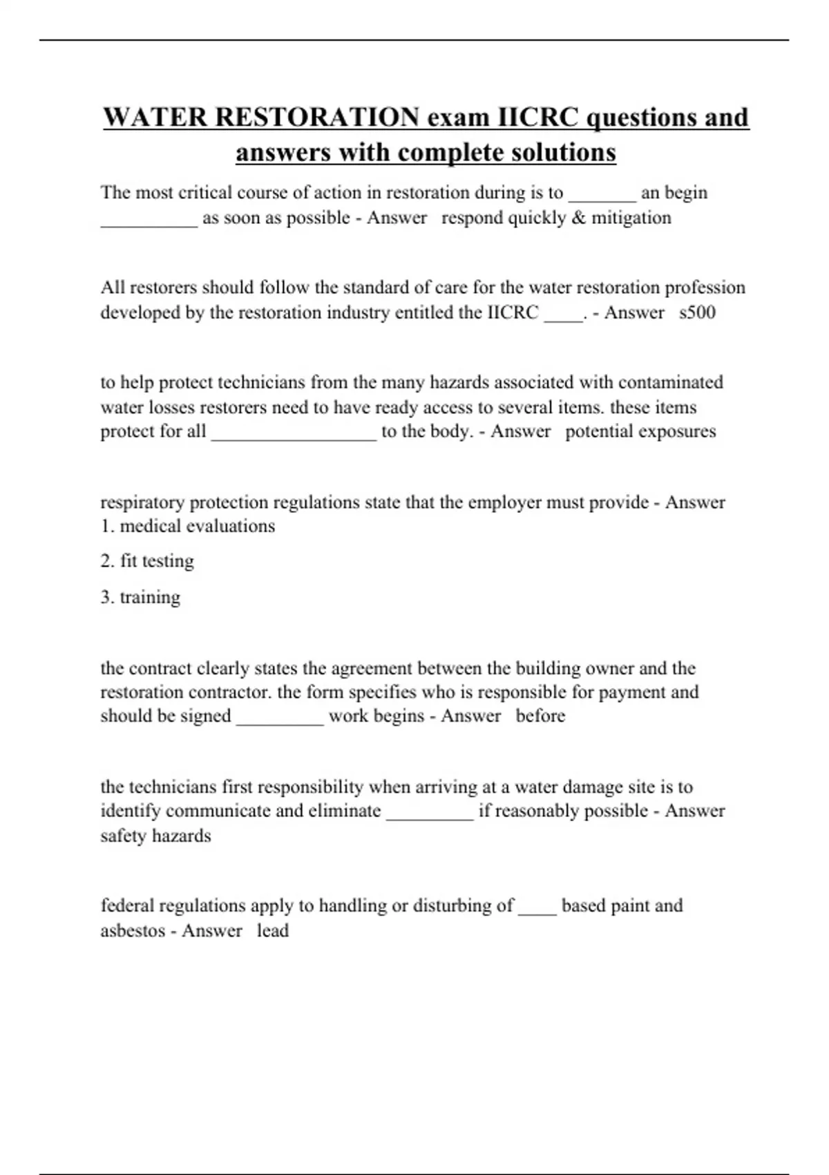 WATER RESTORATION exam IICRC questions and answers with complete ...