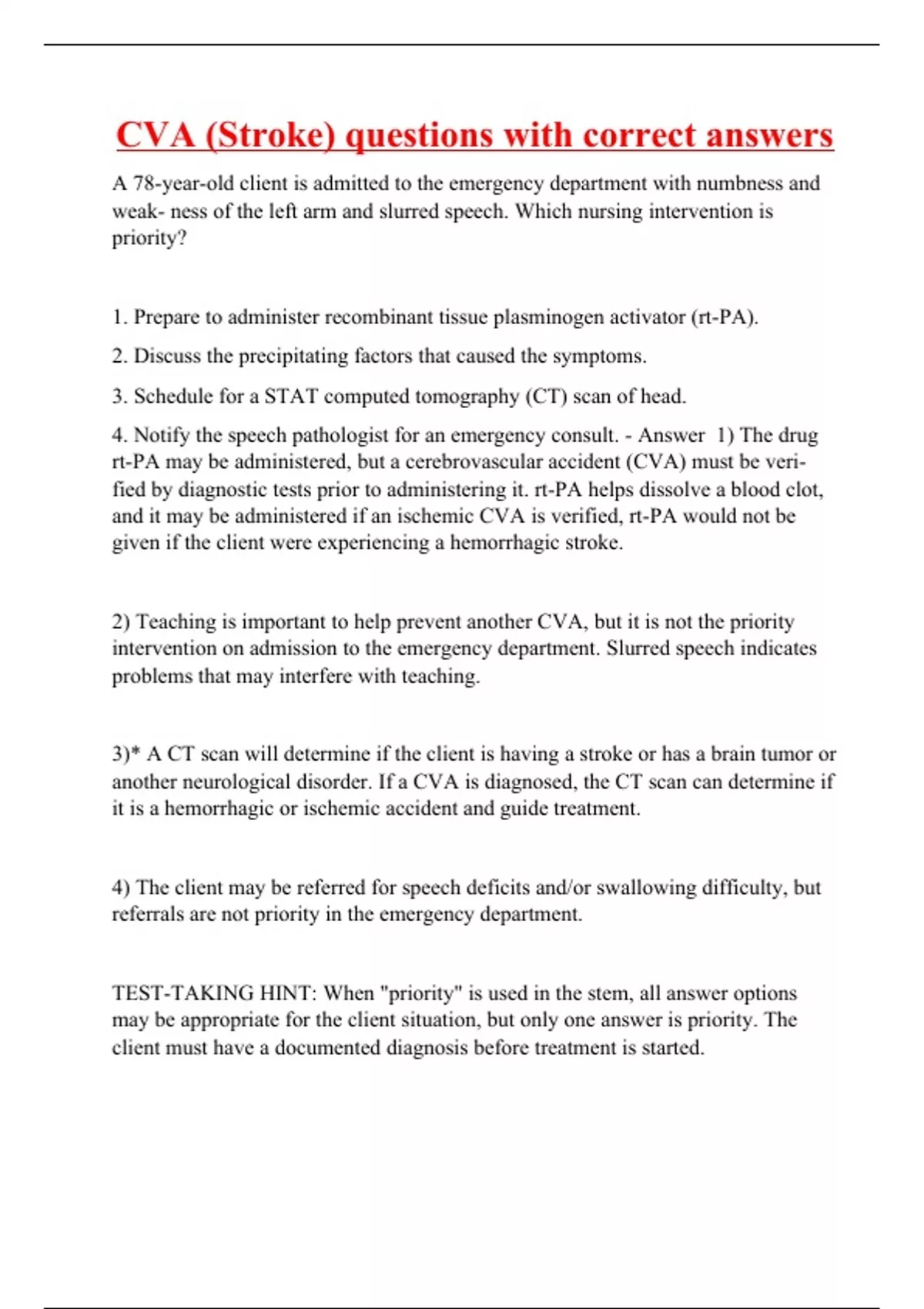 CVA (Stroke) questions with correct answers - CVA (Stroke - Stuvia UK