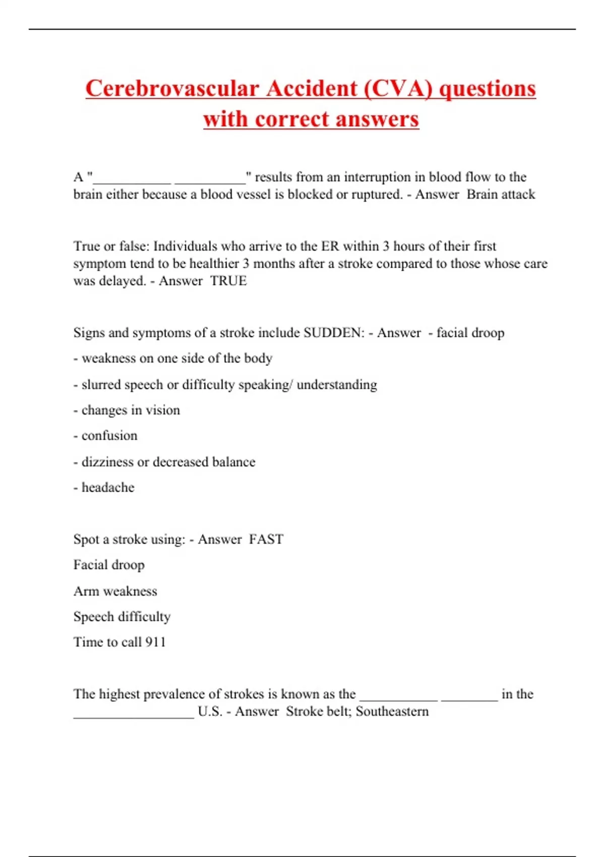 Cerebrovascular Accident (CVA) questions with correct answers ...
