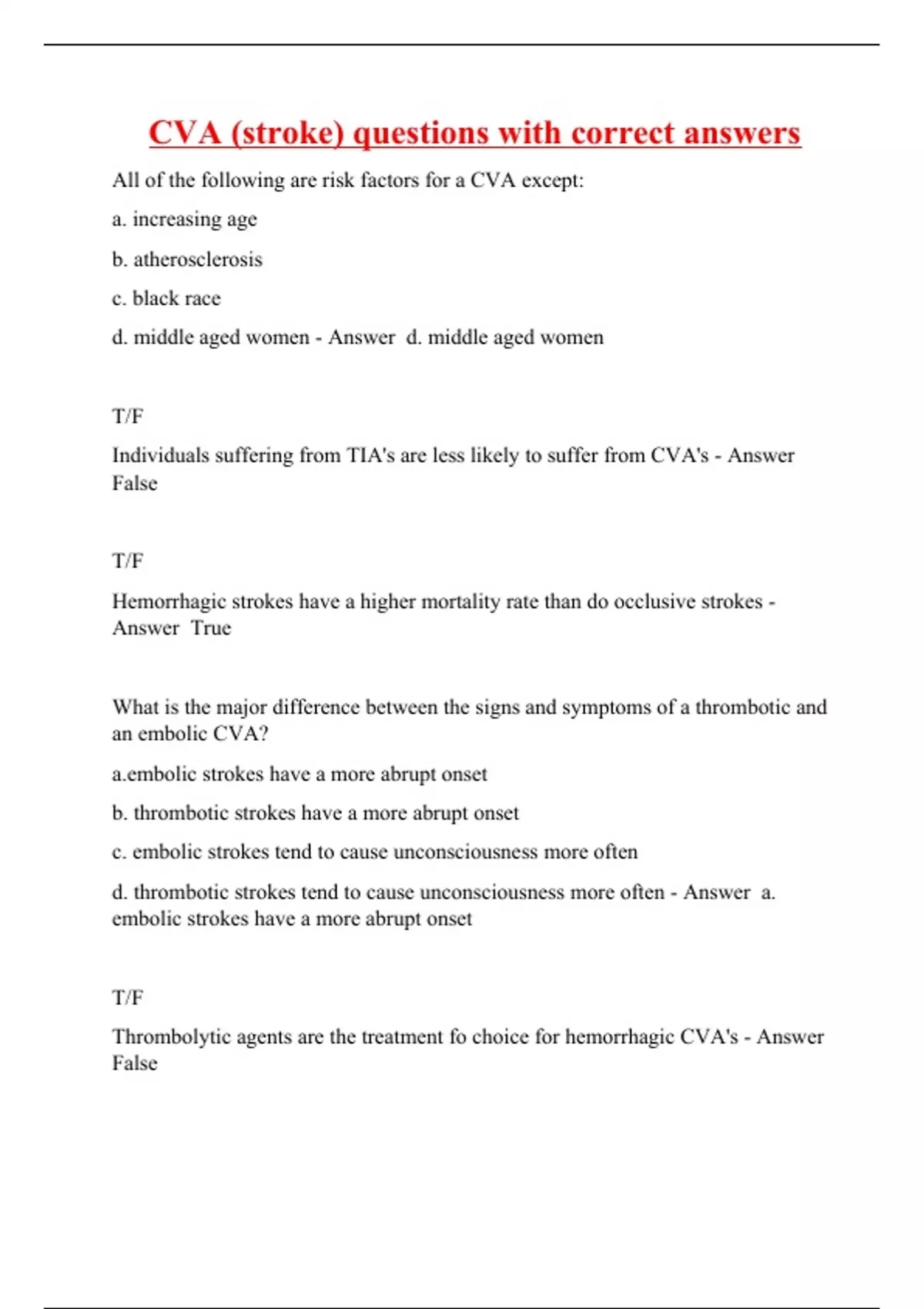 CVA (stroke) questions with correct answers - CVA (stroke - Stuvia UK