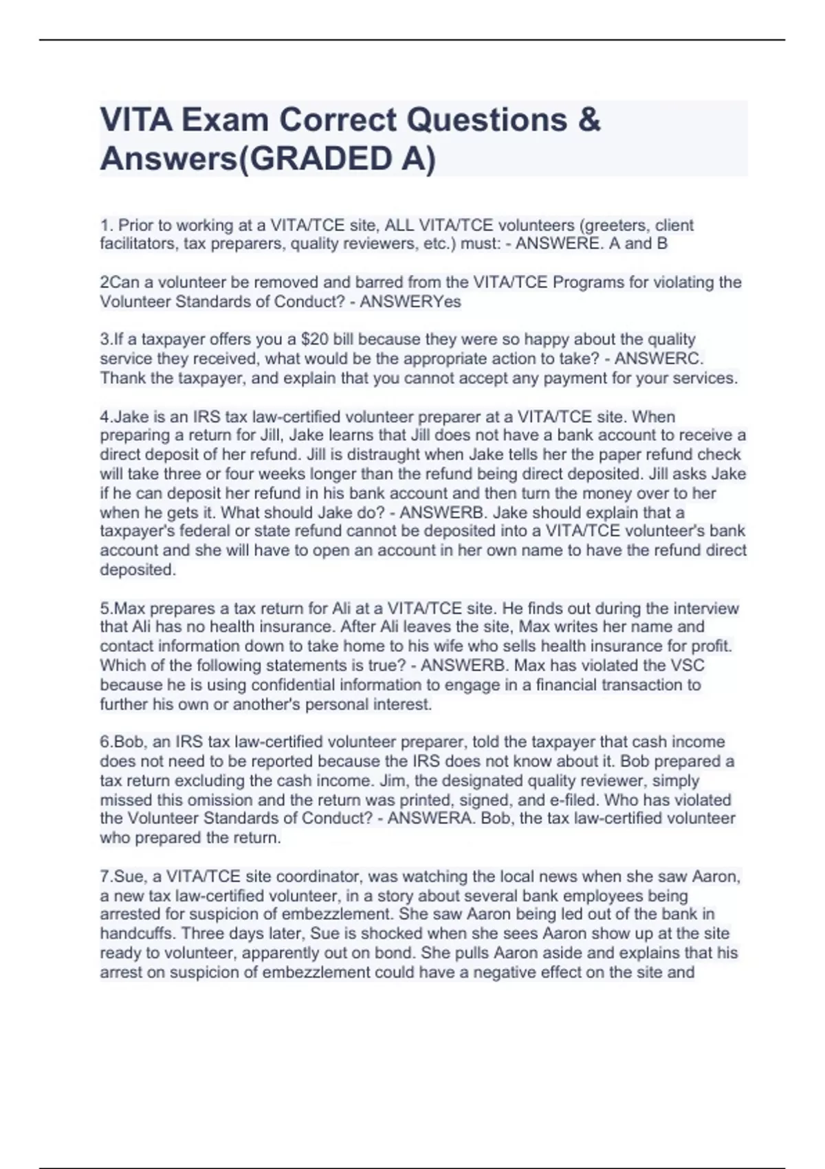 VITA Exam Correct Questions & Answers(GRADED A) - VITA - Stuvia US