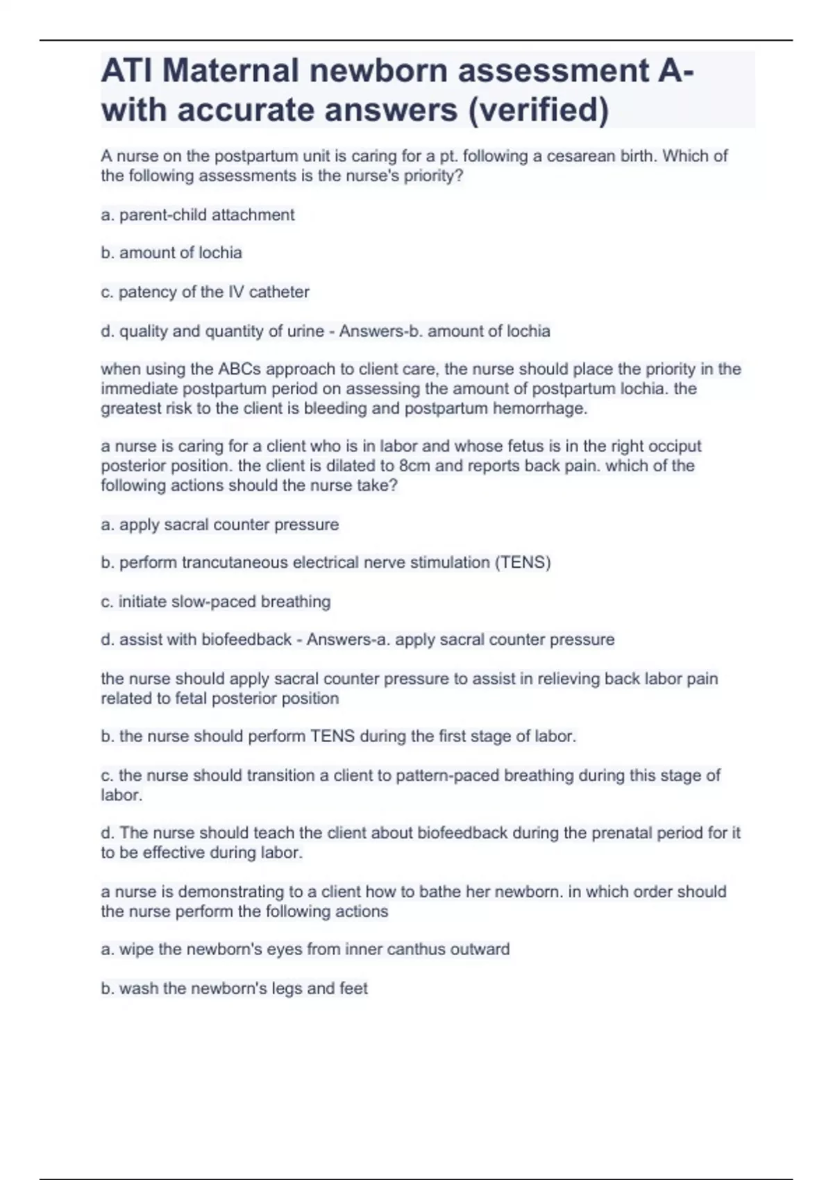 ATI Maternal newborn assessment A-with accurate answers (verified ...