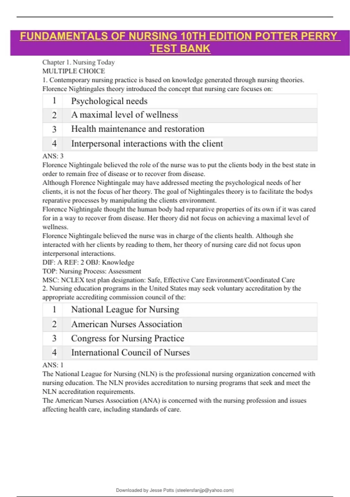FUNDAMENTALS OF NURSING 10TH EDITION POTTER PERRY TEST BANK ...