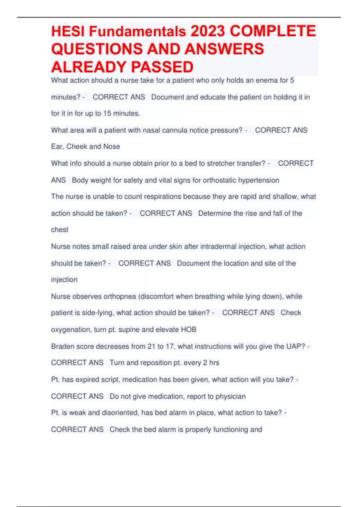 HESI Fundamentals 2023 COMPLETE QUESTIONS AND ANSWERS ALREADY PASSED ...
