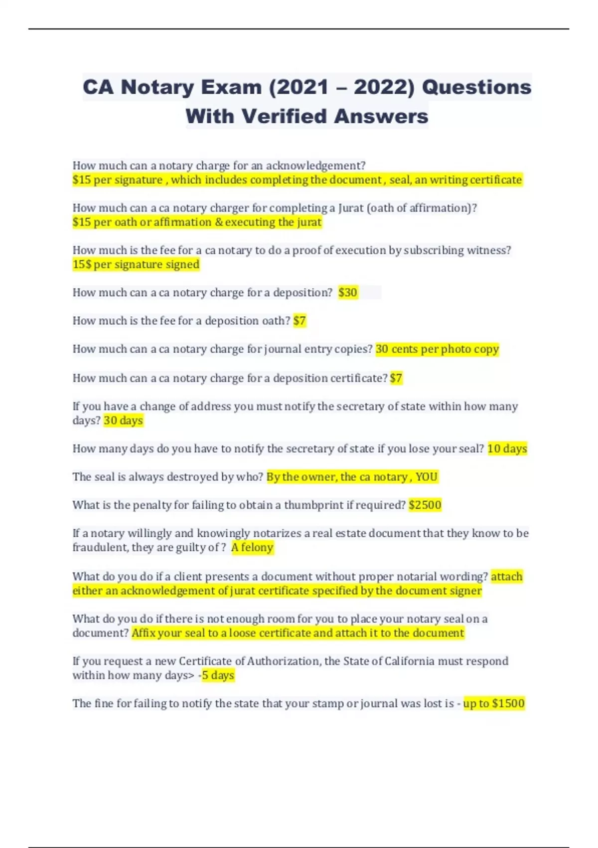 CA Notary Exam (2021 – 2022) Questions With Verified Answers - CA ...